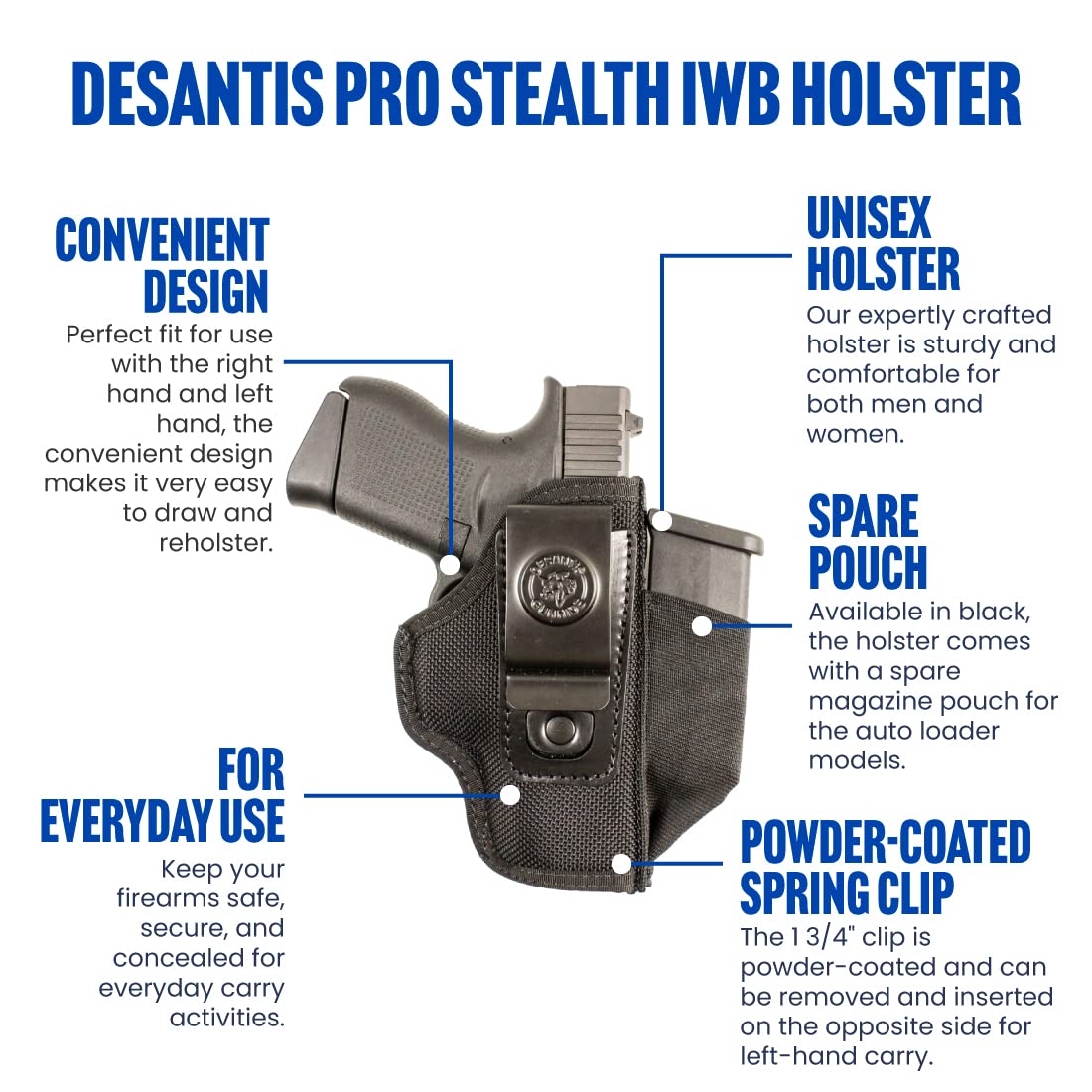 DeSantis Pro Stealth, Inside The Waistband Gun Holster, Padded Ballistic Nylon, Handcrafted Concealed Carry Holster, GLOCK 17, GLOCK 19, FN 509, S&W M&P 9/40 4.25”, and More, Ambidextrous, Black