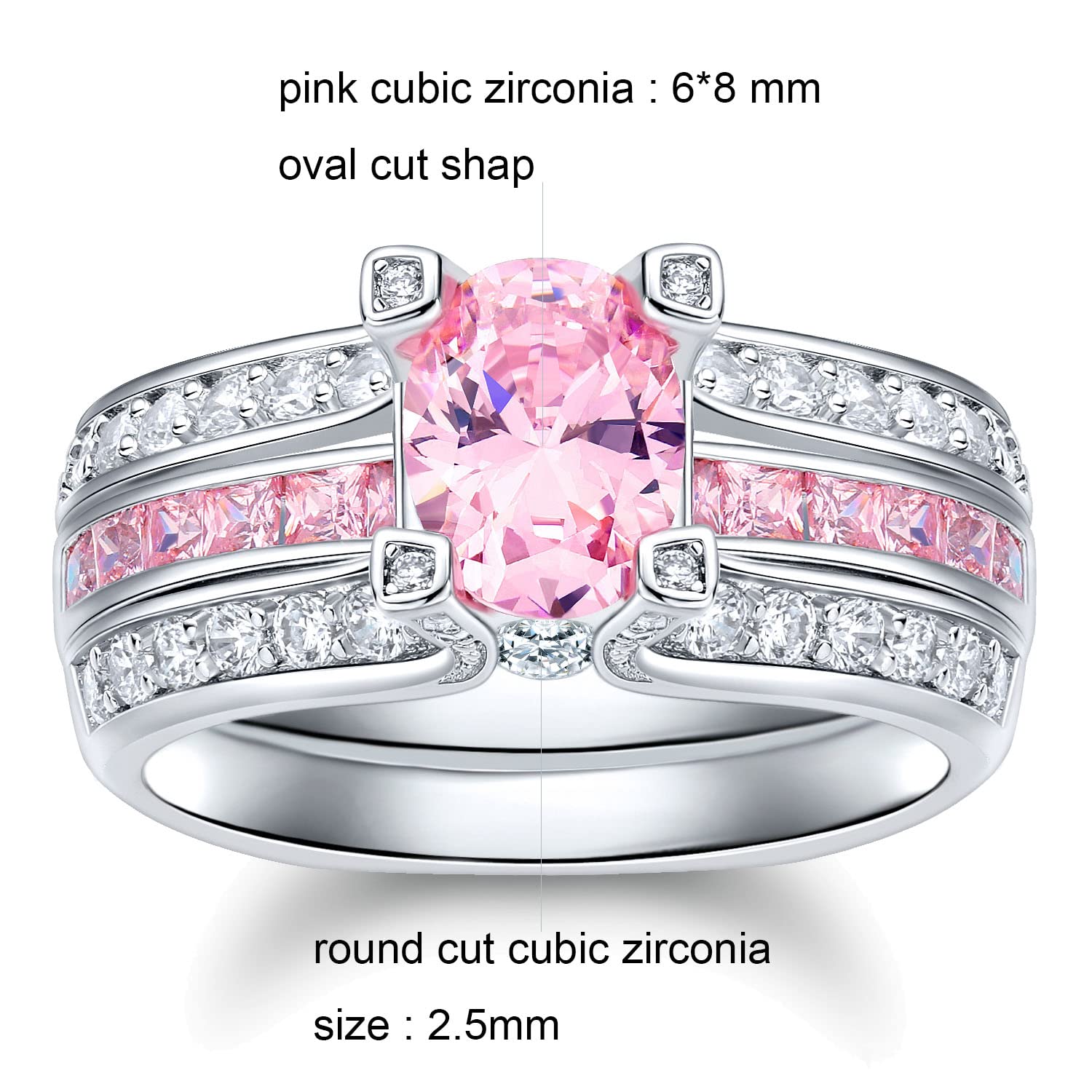 Engagement Promise Rings,18K White Gold Plated Three-in-One Oval Pink Cubic Zirconia Wedding Ring Set for Women bride (5)