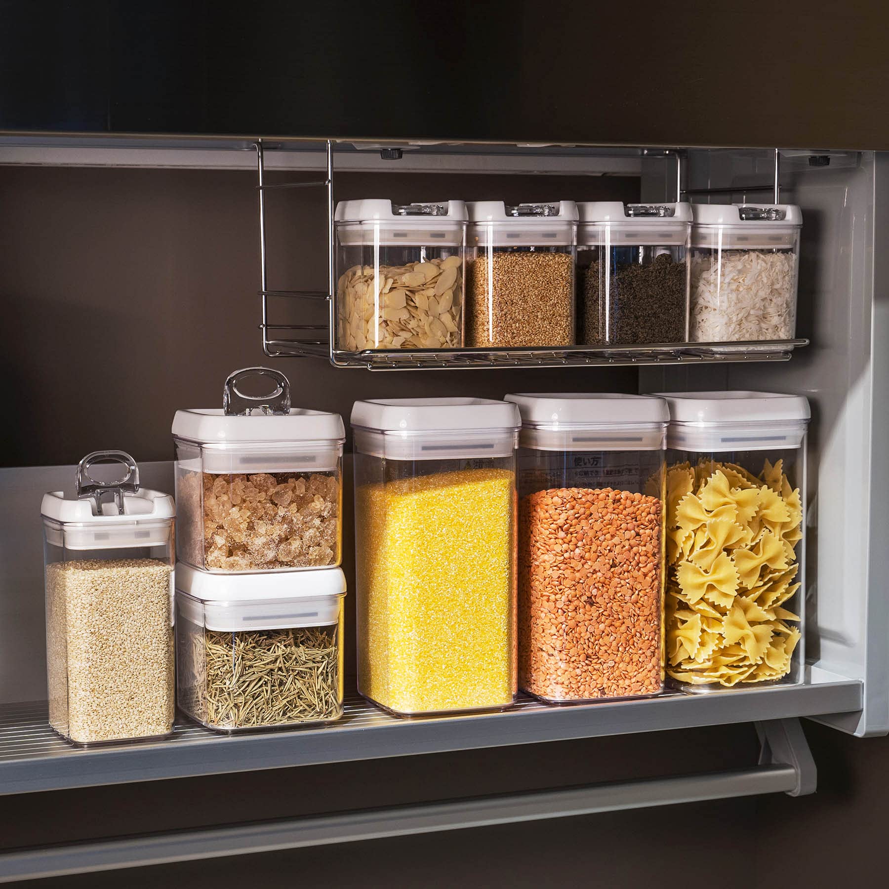 Felli Flip Tite Airtight Food Storage Container with Lid 4β Regular-L Lock Top Stackable Acrylic Kitchen Canister Jar for Pantry Cupboard Organizer Nuts Snack Cracker Pet Treats for Cat Dog (1.3 qt)