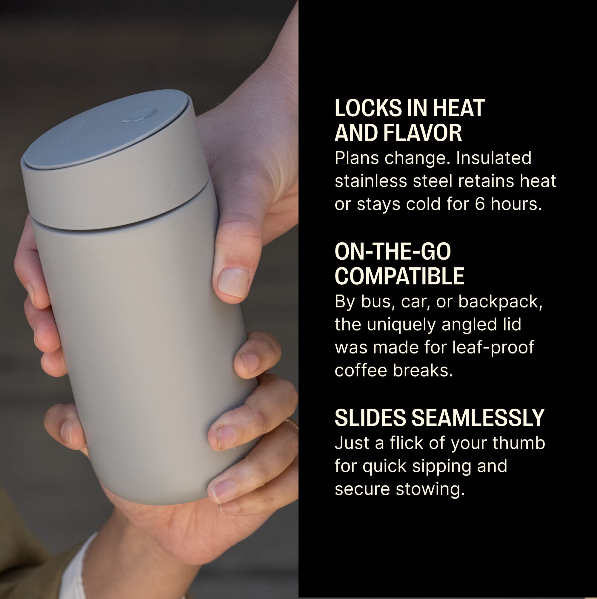 Fellow 12 oz Carter Slide Travel Coffee Mug with Slide-Lock lid - Leak Proof To-Go Coffee Tumbler with Ceramic Interior and Vacuum-Insulated Stainless Steel - Coffee Cups - Matte Grey