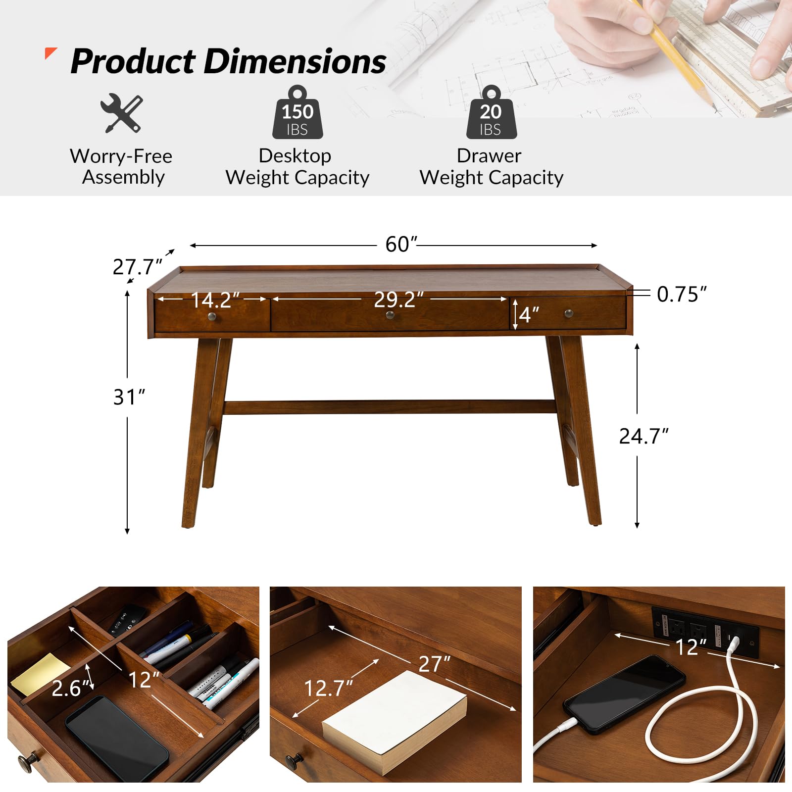 HULALA HOME Home Office Desk with 3 Drawers & Solid Wood Legs, Writing Table with Charging Station & Cable Management, Mid Century Modern Desk for Bedroom/Living Room/Study/Workstation, Walnut