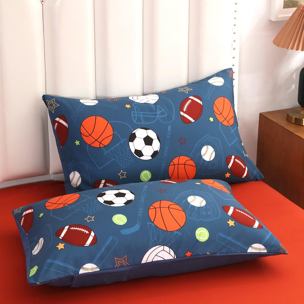 lwfushi Sports Comforter Set Blue Ball Bedding Set Full Size Baseball Basketball Soccer Tennis Bed Set for Teens Kids (1 Comforter,1 Flat Sheet,1 Fitted Sheet,2 Pillowcase and 2 Pillow Sham)