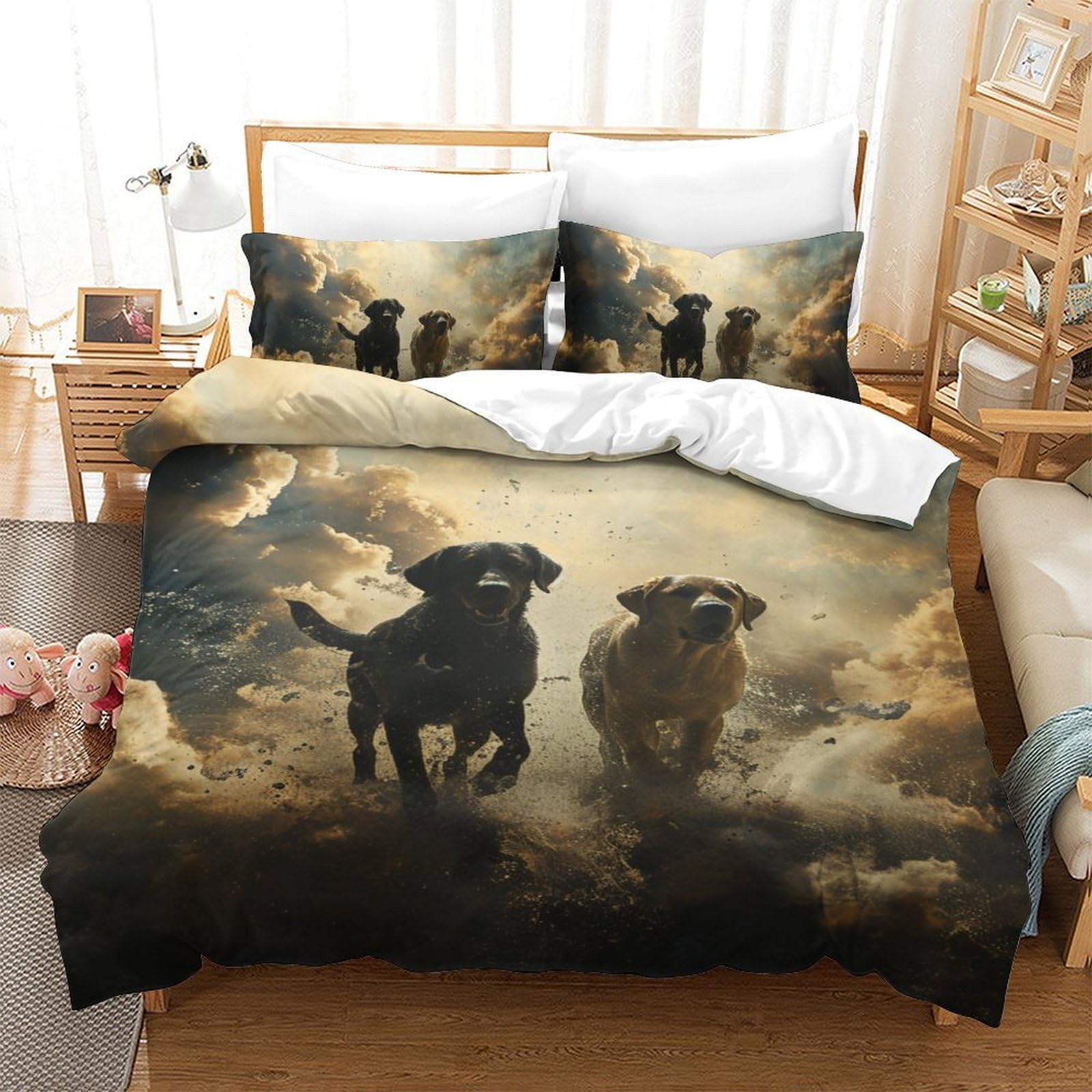 Labrador Retrievers through Clouds Bedding Set Quilt Cover 3D PrintedLabrador Retrievers through Clouds Duvet Cover Comforter Covers for Childrens And Adults 3 Pieces Microfiber with Pillowcases with
