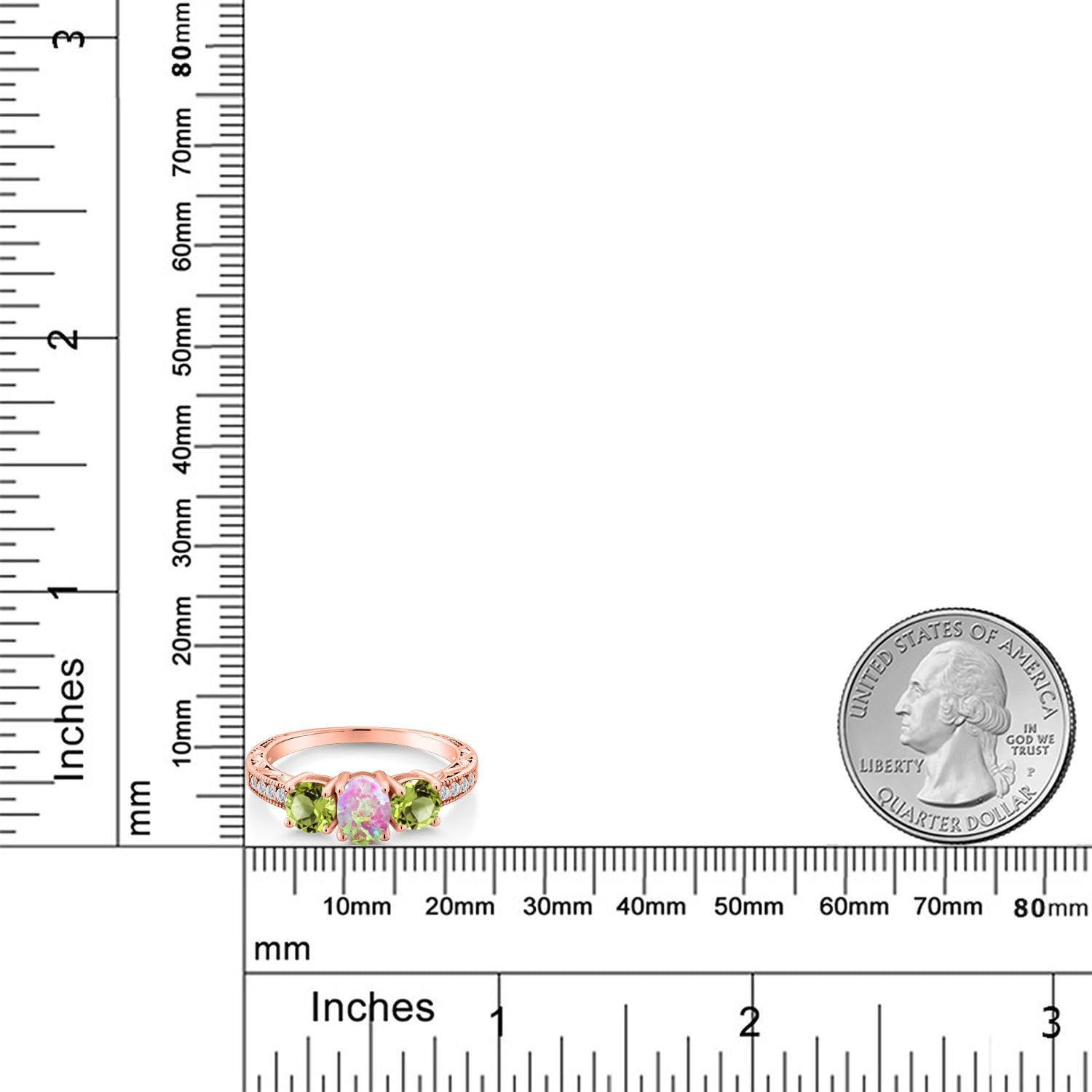 Gem Stone King 1.85 Ct Oval Cabochon Pink Simulated Opal Green Peridot 18K Rose Gold Plated Silver Ring (Size 9)