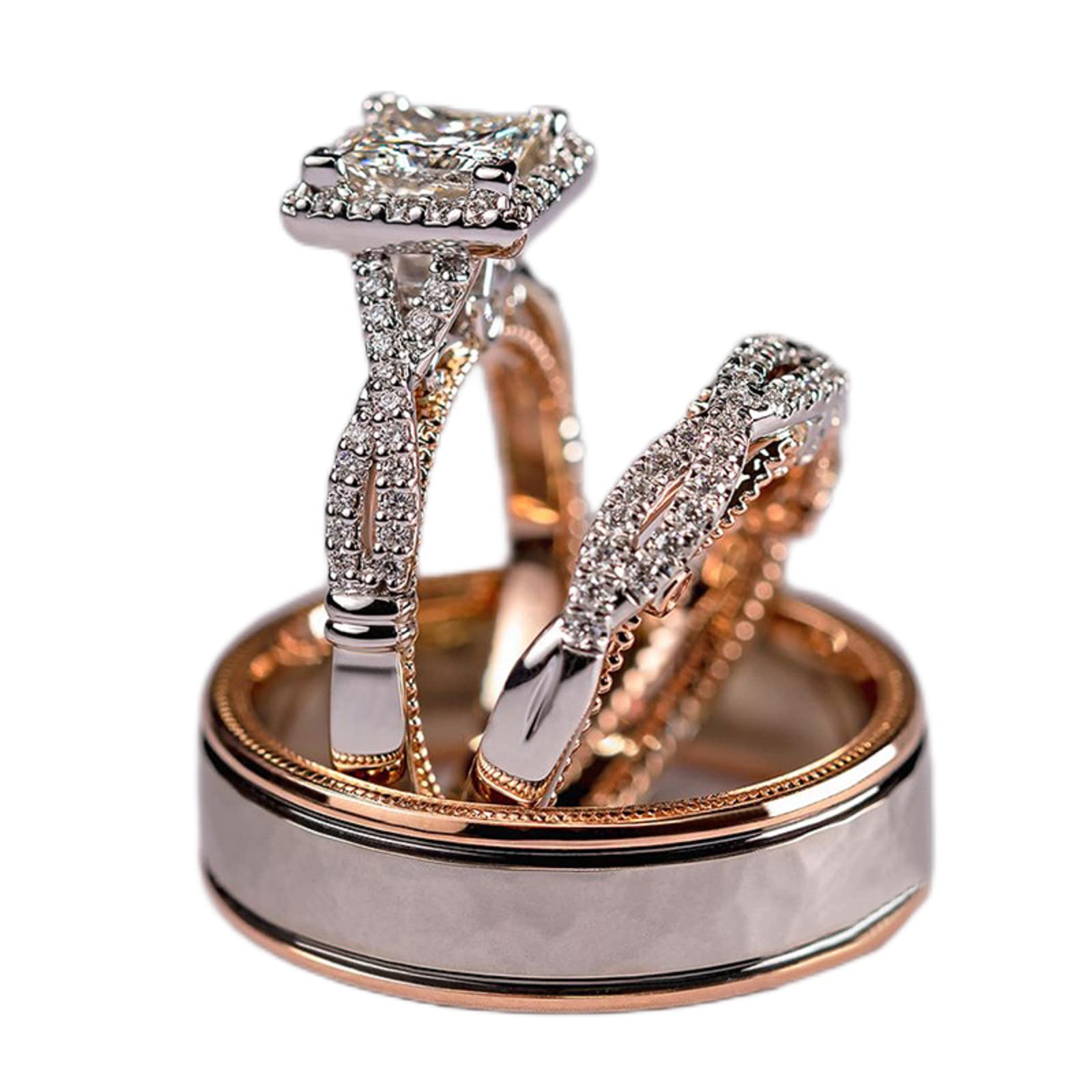 Engagement rings for couples set,3 pc His and Her Wedding Ring Set, Hypoallergenic Rose Gold Ring Set, Cubic Zirconia Bride Promise Rings Set,size 6-10 (9)