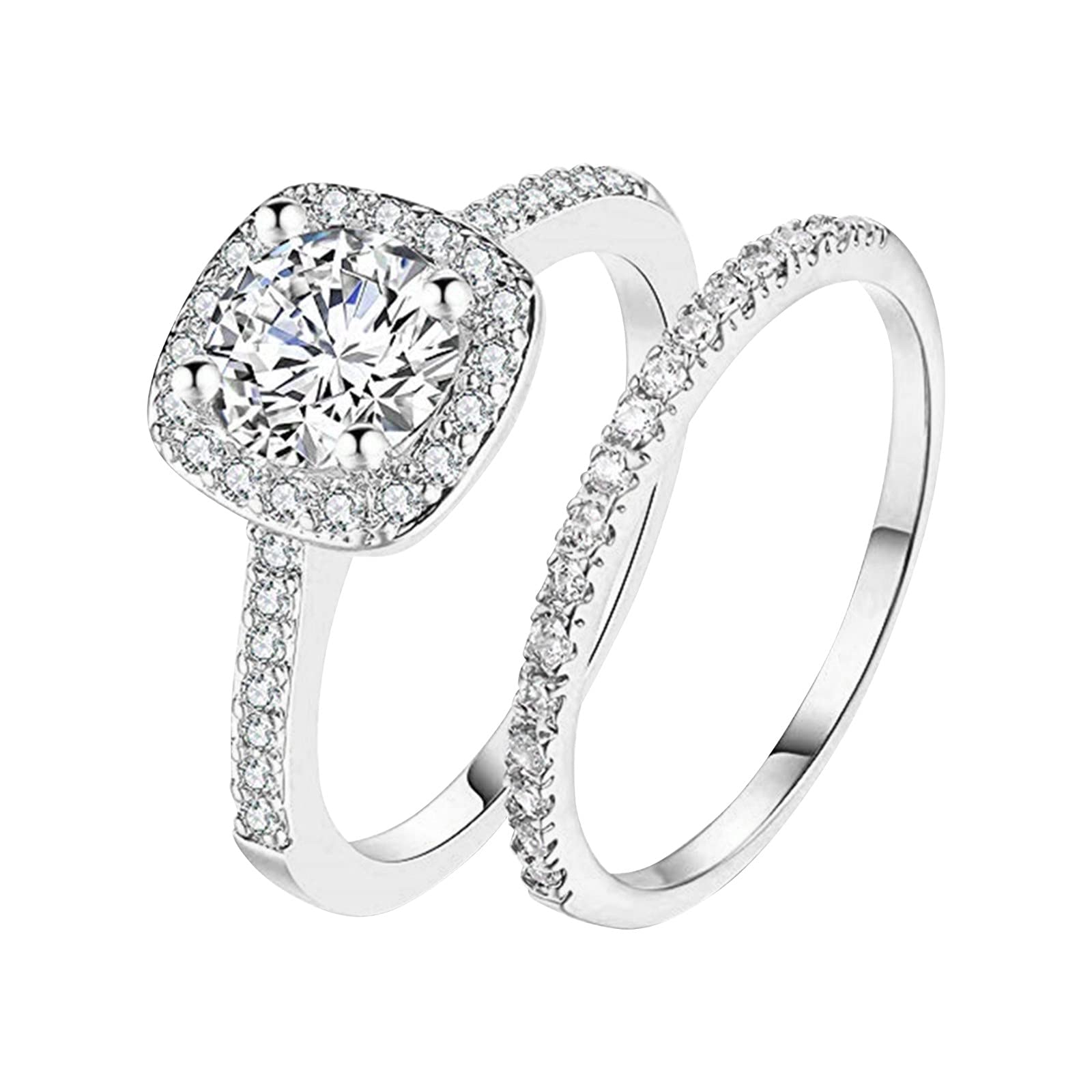Engagement Rings Wedding Bands Stacking Women Engagement Wedding 2Pcs Set Cubic Zirconia 925 Sterling Silver Rings Size 6-10 for Women/Girl Finger Rings DIY Jewelry Gifts (Silver, 11)
