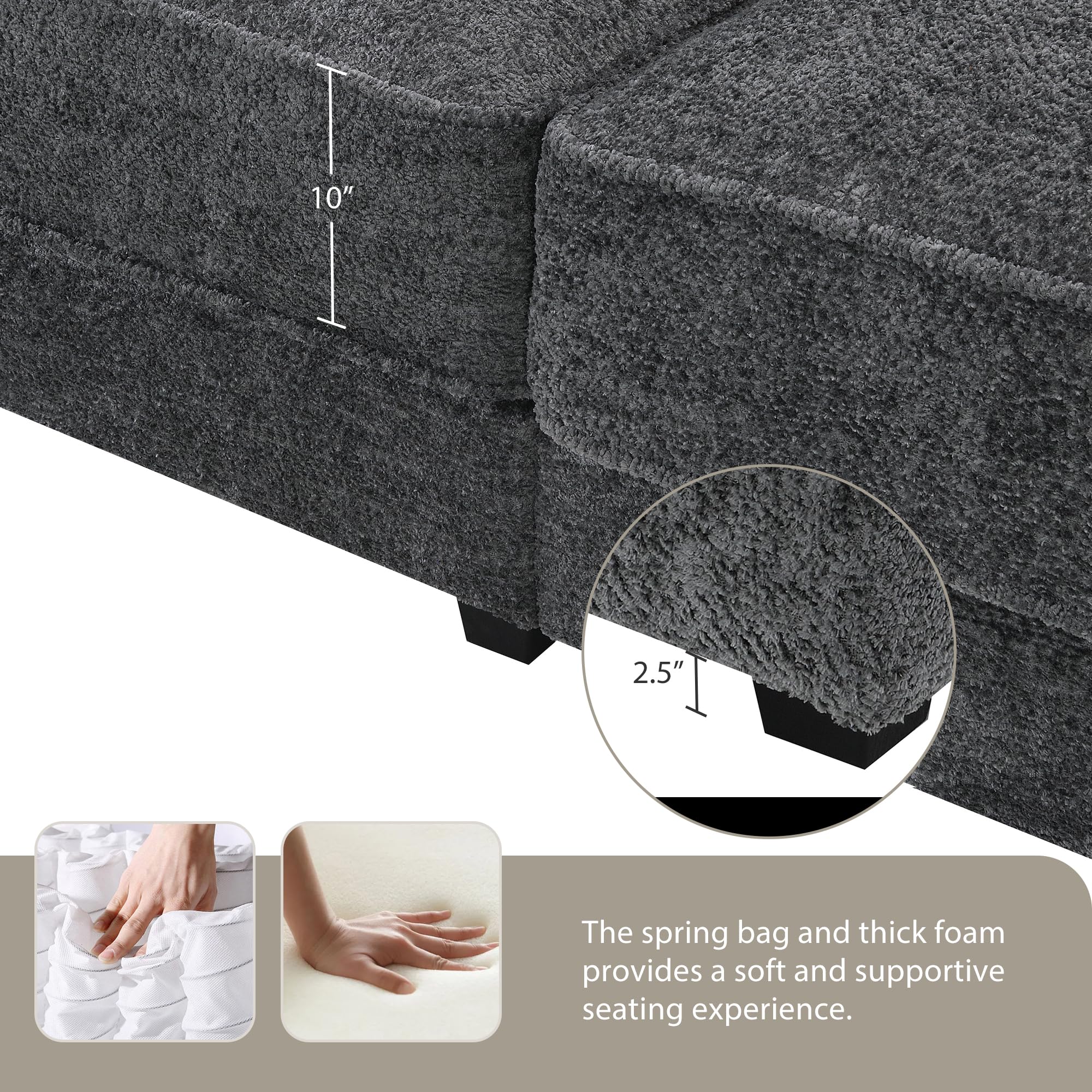 KIVENJAJA 81” Oversized Loveseat with 2 Ottomans, Comfy Chenille Modular Sectional Cloud Couch, Double Chaise Sleeper Sofa Bed for Living Room Apartment Small Space, Grey