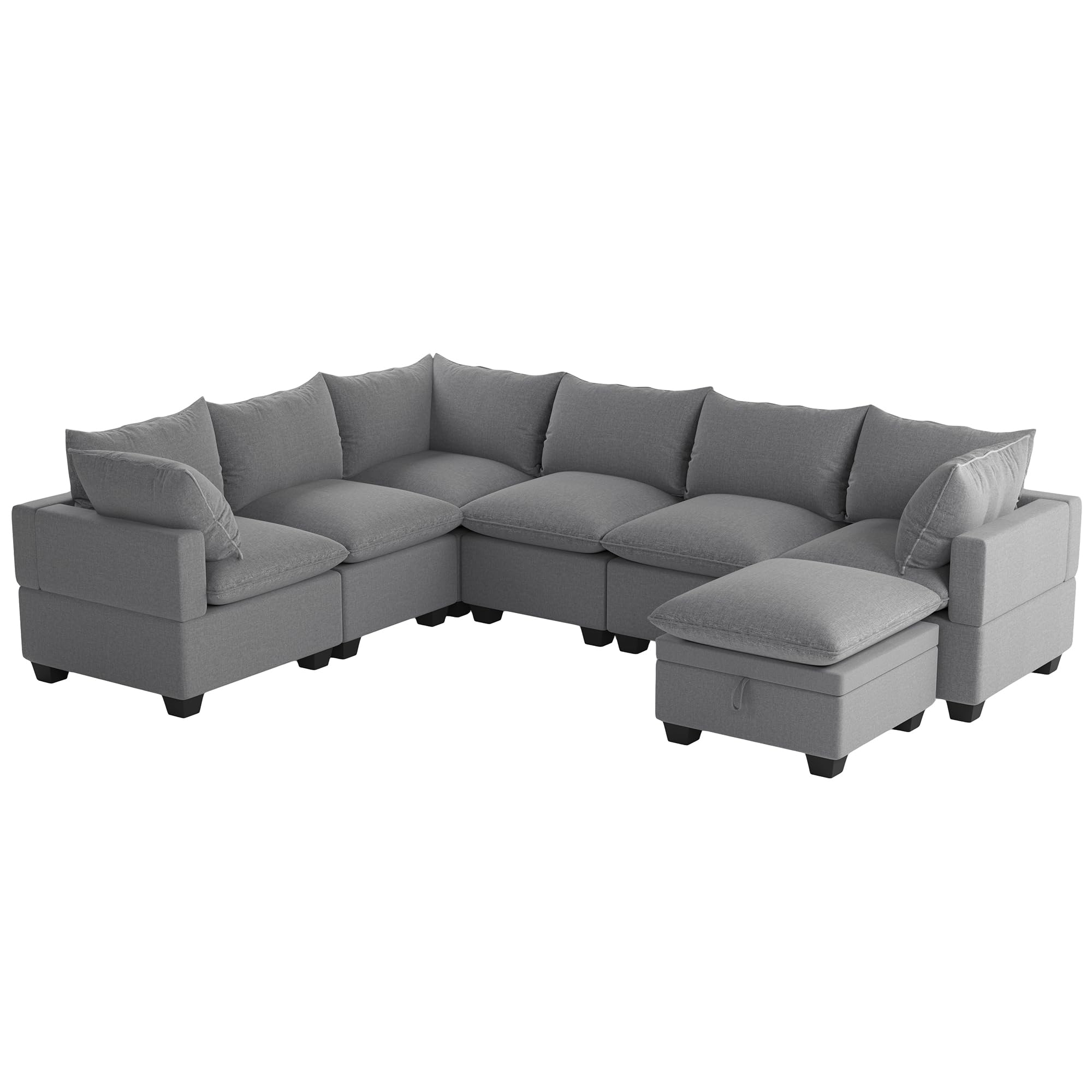 KIVENJAJA Oversized Modular Sectional Couch, Linen Fabric 7 Seater U Shaped Sofa Set with Storage Ottoman & Loose Back Cushions, Living Room Furniture Set, 118”W, Grey