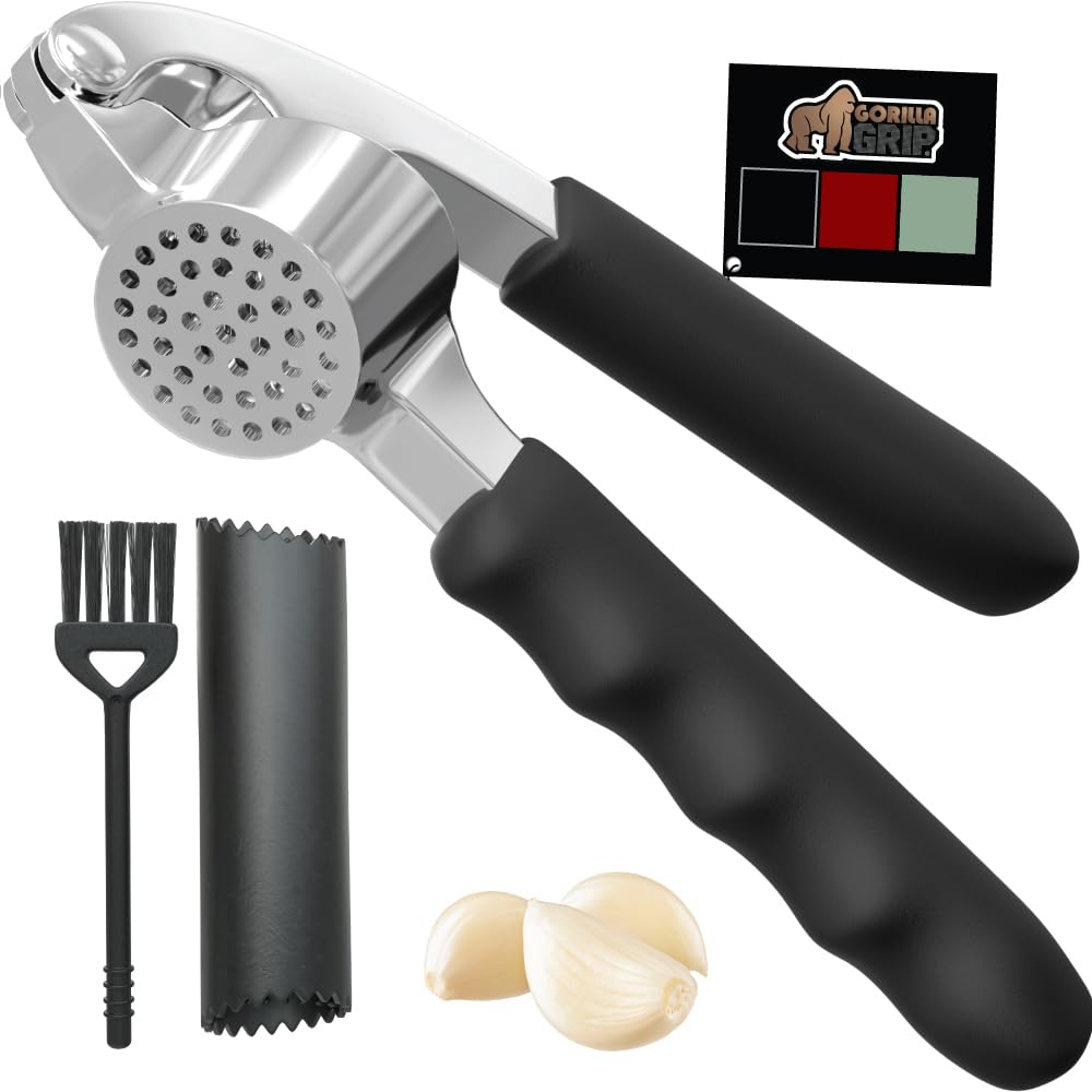 Gorilla Grip Garlic Press and Peel Set, Heavy Duty Mincer Tool, Easily Mince and Crush Garlics, Ginger, Nuts, Seeds, Large Ergonomic Handle, Peeler Included for Peeling Cloves, Kitchen Gadgets, Black