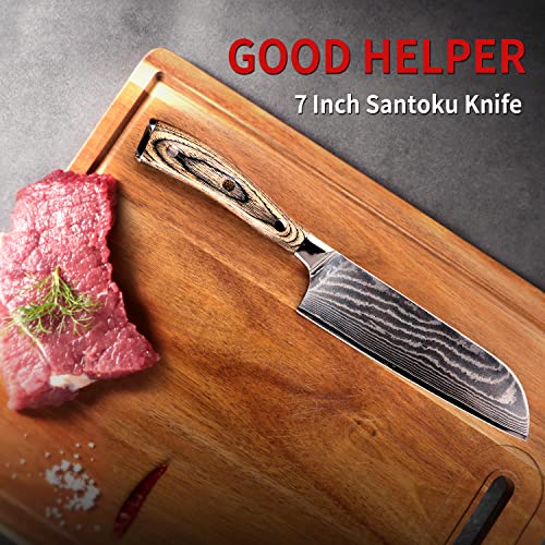 GOOD HELPER 7 Inch Santoku Knife High Carbon Damascus Kitchen Knives Stainless Steel Japanese Chef Knife Ergonomic Pakka Wood Handle Cuchillos Para Cocina with Gift Box