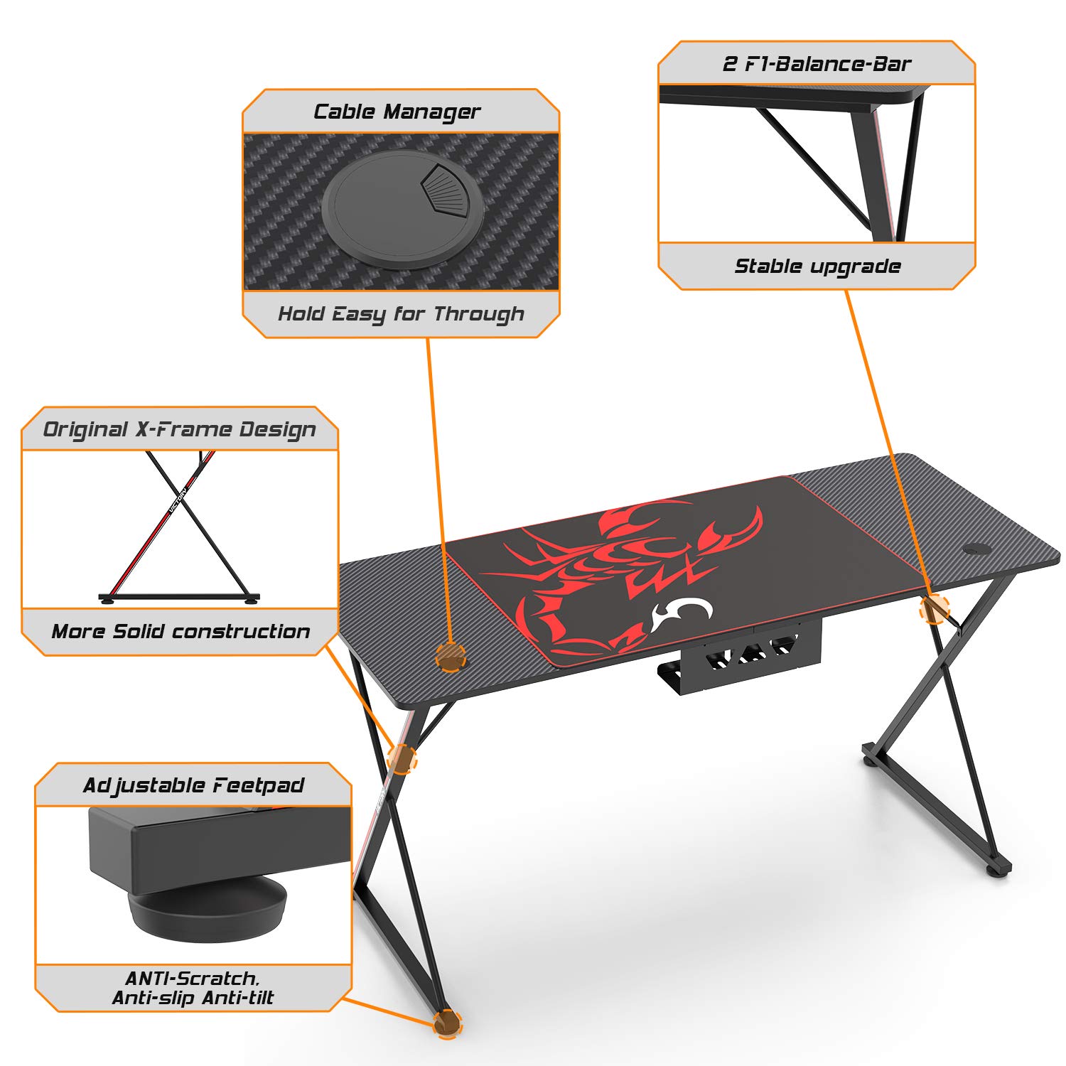 DESIGNA 55'' Gaming Desk, X-Shape Computer Desk Small Desk Gamer Workstation with Free Mouse pad, Cup Holder& Headphone Hook & Controller Stand, for Home Office, Black