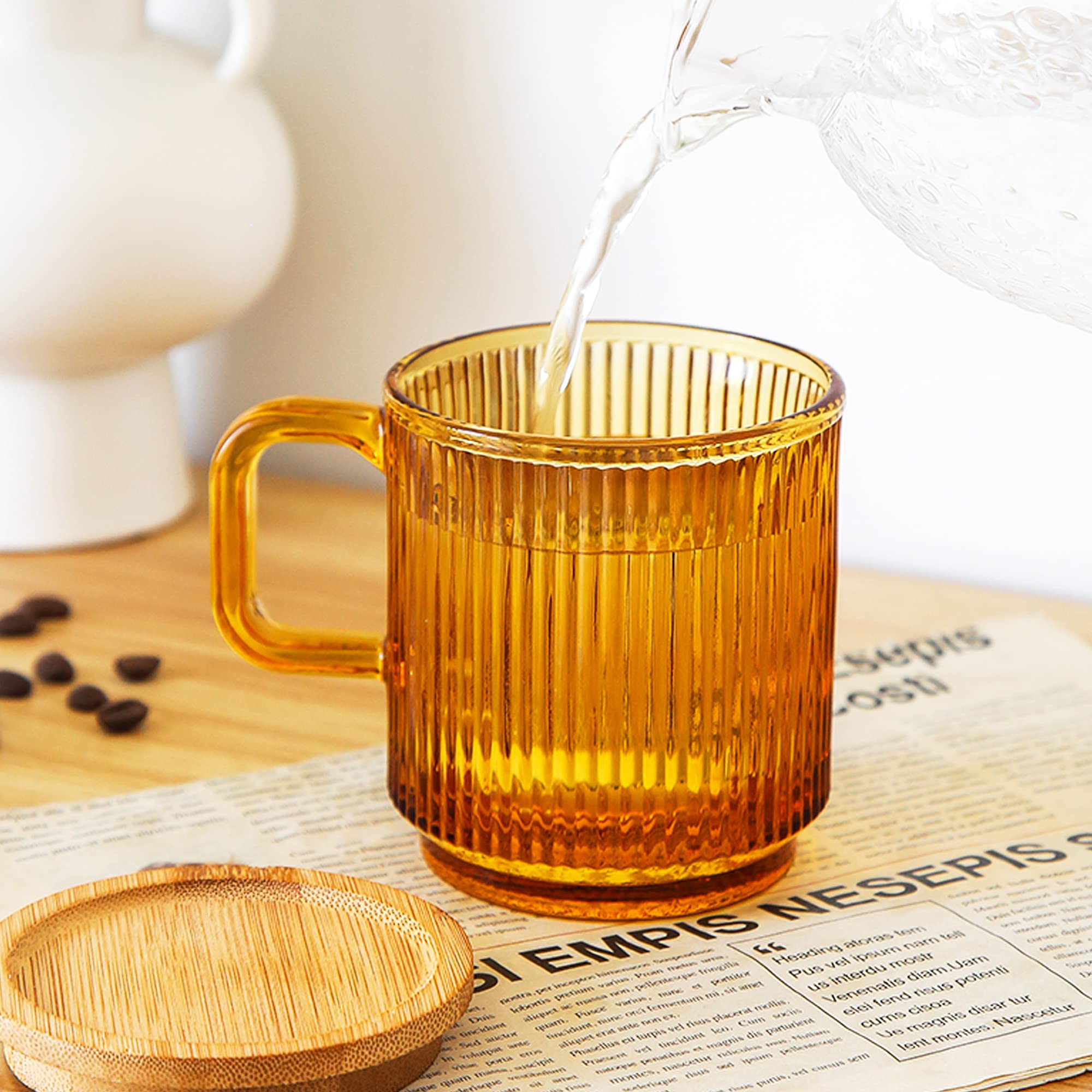 Lysenn Glass Coffee Mug with Lid - Premium Classical Vertical Stripes Glass Tea Cup - for Latte, Tea, Chocolate, Juice, Water - Lead-Free - Bamboo Lid - Amethyst Purple