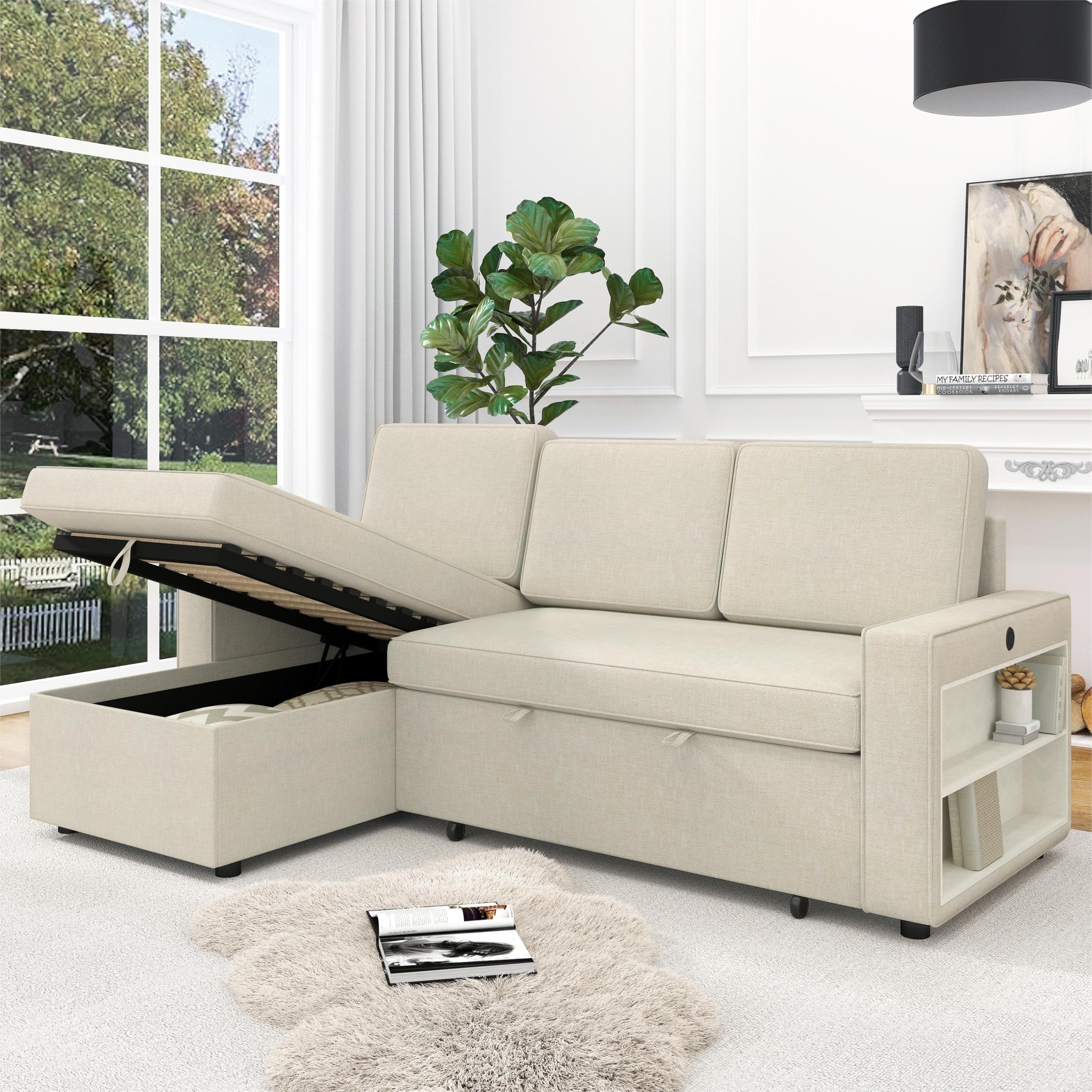 ONEMMLION Convertible Sleeper Sofa Couch with Pullout Bed, 85.8" Reversible Sectional Sofa Bed with Storage Chaise&Storage Racks, 3 Seat L-Shape Pull Out Couch with USB Charge Ports(Beige)