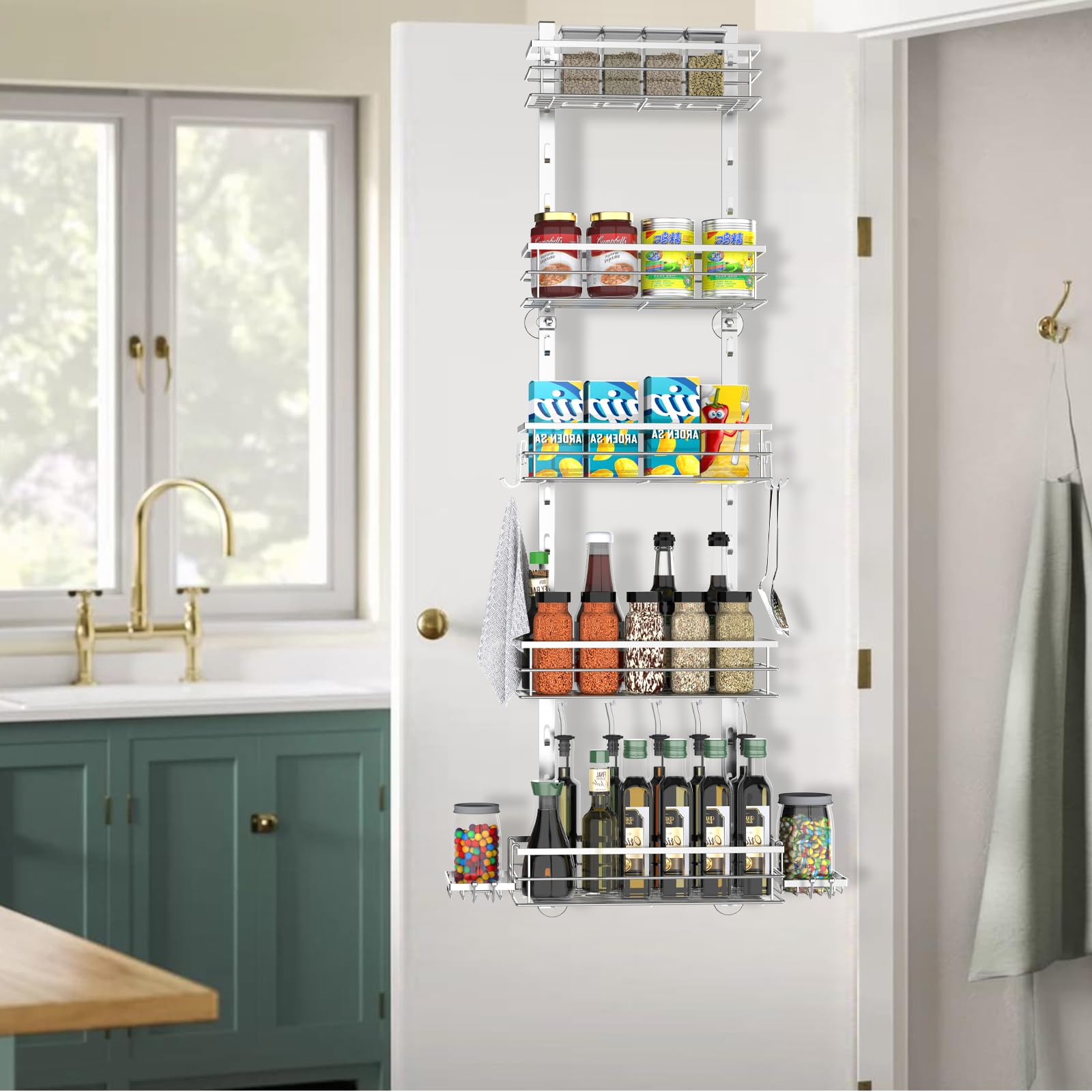 Over the Door Shower Caddy, 5-Tier Adjustable Hanging Shower Organizer Rustproof Metal Bathroom Storage Shelf Shower Basket with Soap Holder & Suction Cup for Shampoo, Conditioner, Sliver