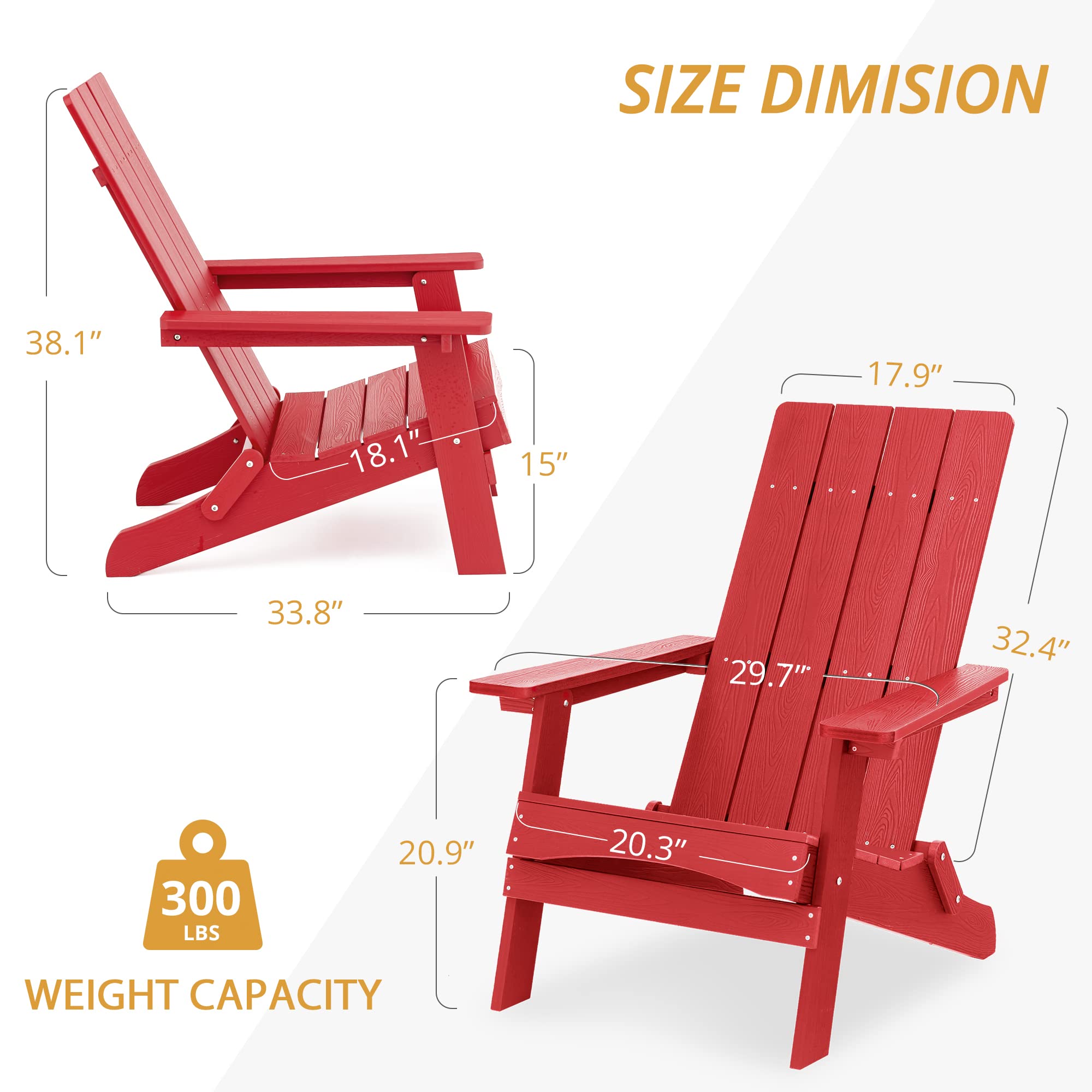 LUE BONA Folding Adirondack Chairs Set of 4, HDPS Poly Modern Adirondack Chair, Weather Resistant Plastic Adirondack Fire Pit Chairs for Patio, Porch, Deck, Pool, Garden, Backyard, Black