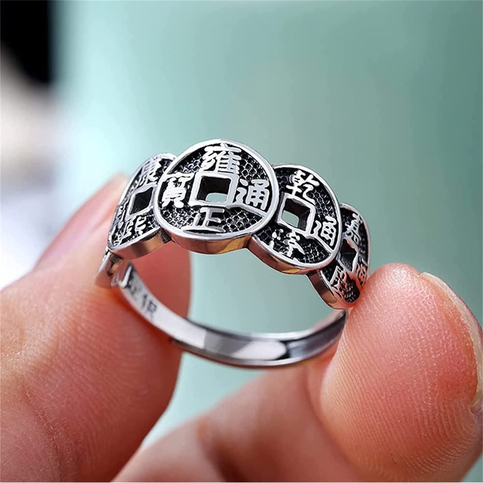 Five Emperor Coin Auspicious Ring,Retro Lucky Index Finger Ring Silver, Vintage Handmade Open Adjustable Ring Lucky Coin,Unisex Attract Wealth Money and Good Luck Ring (Silver)