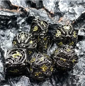Full 7-Piece Dice Set Hollow Metal Skeleton Mid-Weight DND Dice (Black)