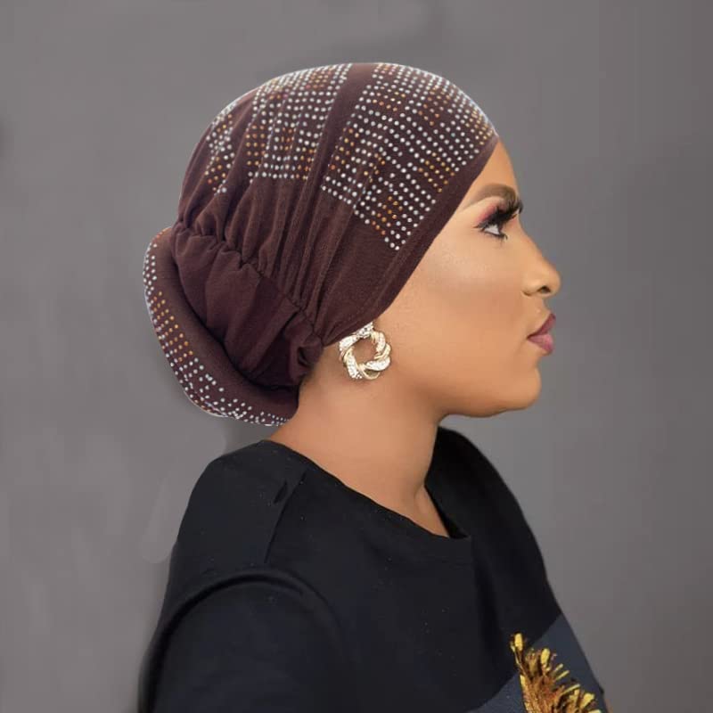 Full Body Shiny Rhinestone Women's Turban Cap Brathable African Wrap Head Bonnet Female Stretchy Muslim Under Hijab Hat (Coffee)