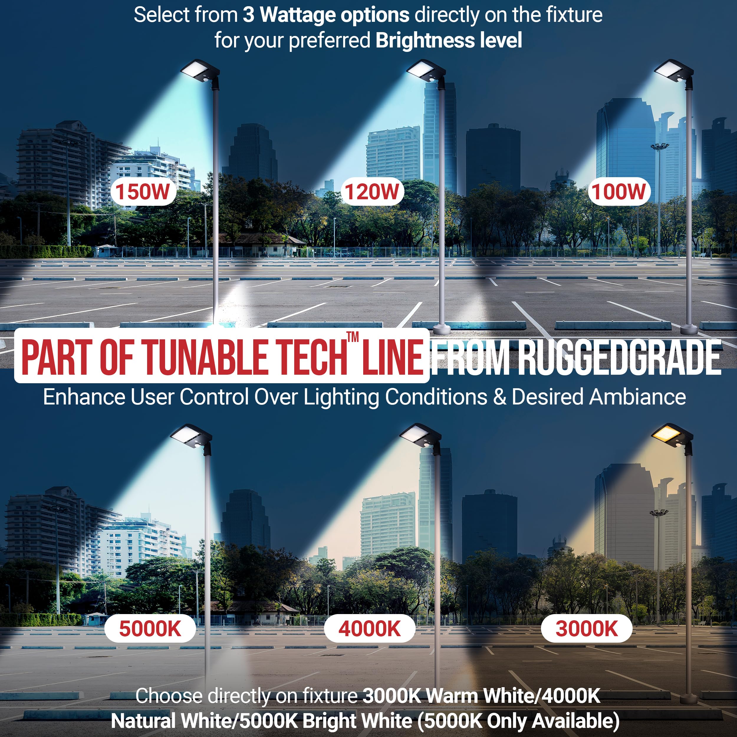 RuggedGrade 150 Watt LED NextGen III Parking Lot Lights - 21,000 Lumen - 5000K - Yoke Trunnion Mount - with photocell