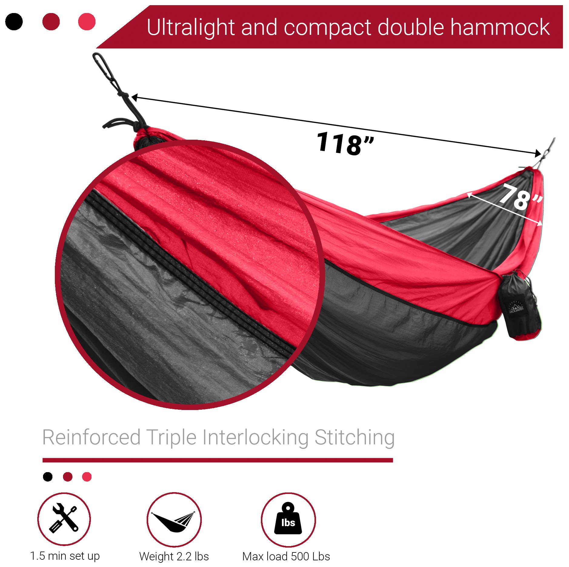 Double Camping Hammock with Straps | Lightweight Portable Nylon 2 Person Hammock for Travel, Beach, Yard, Black by Moontes (500 lbs, 118 78 inches)