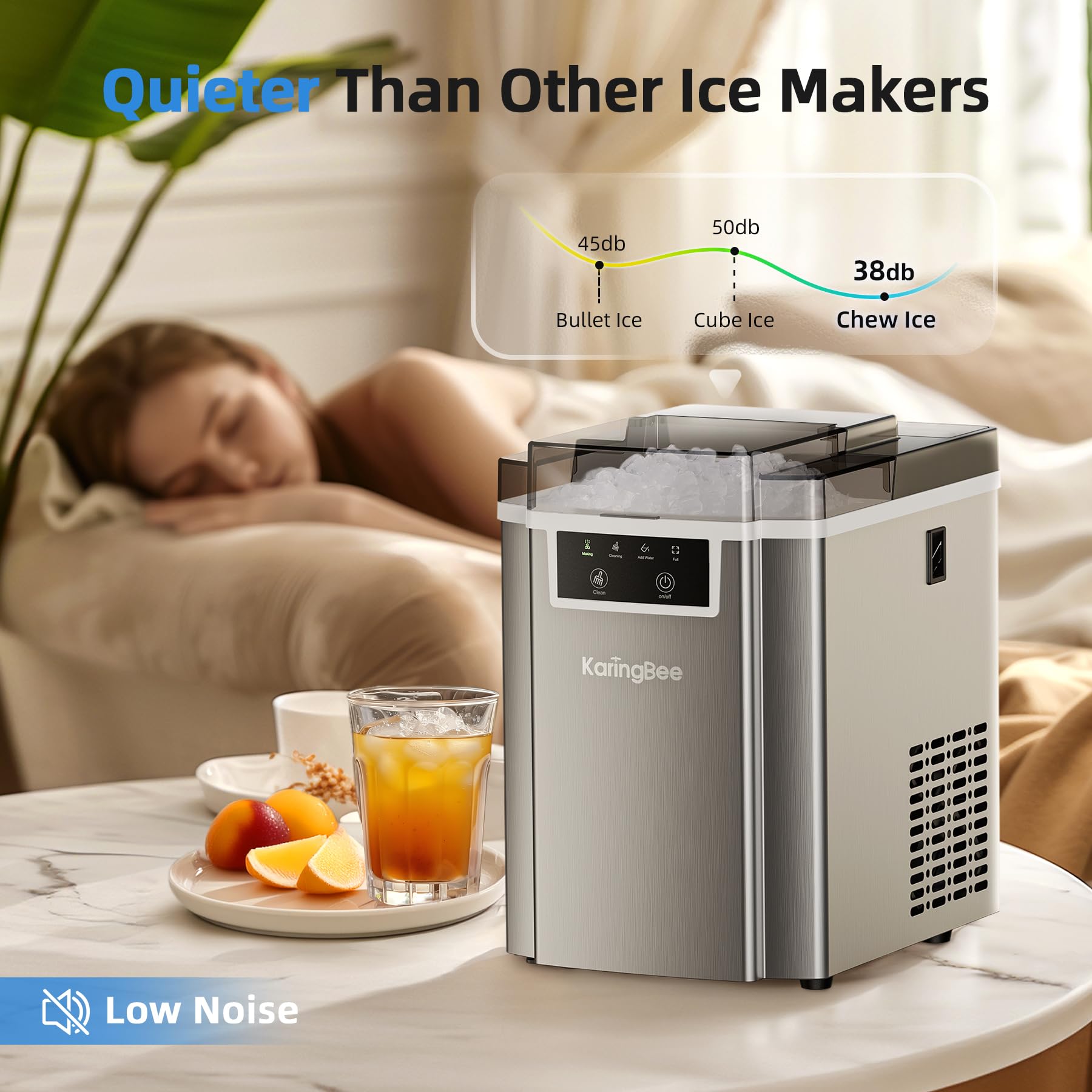 KaringBee Nugget Ice Maker Countertop - 45lbs/24H, 5mins Making Soft Chewable Pellet Ice - Self-Cleaning, Sonic Ice, Pebble Ice Machine for Home Kitchen, Office - Stainless Steel