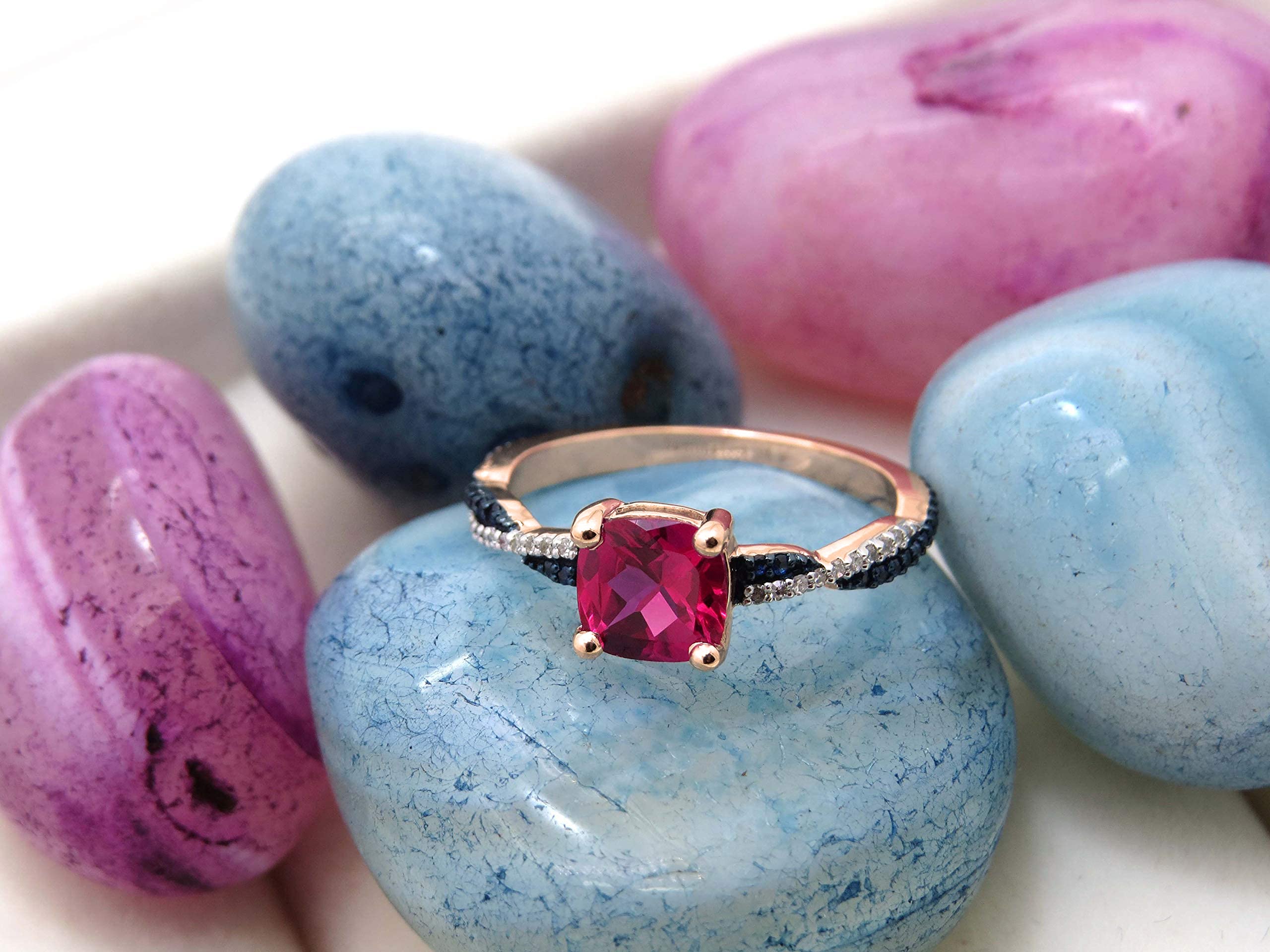 Dazzlingrock Collection 6 MM Cushion Lab Created Ruby with Round Blue Sapphire & Diamond Women Engagement Ring | 18K Rose Gold, Size 10