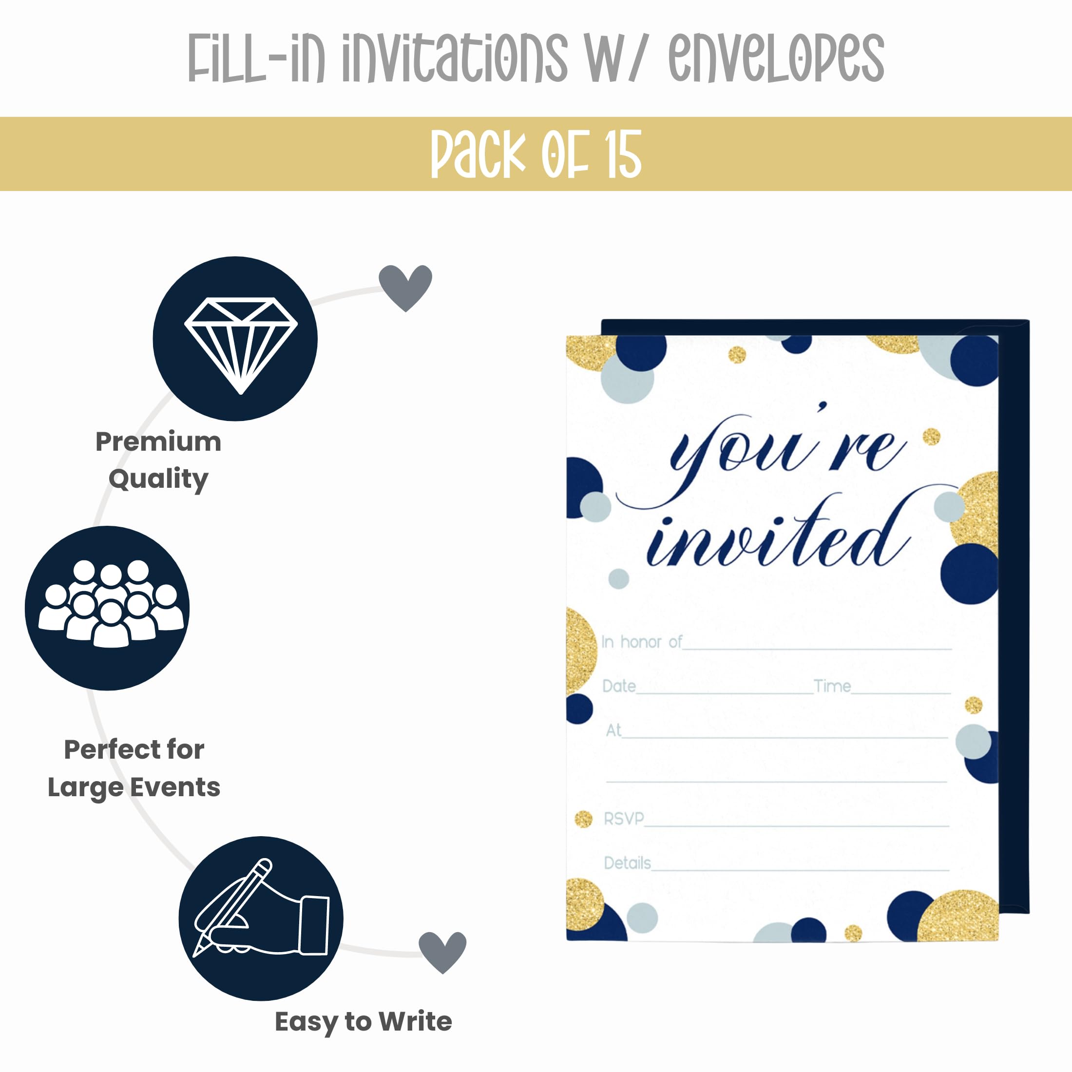 Navy and Gold Invitations with Envelopes (15 Pack) All Occasion Invites for Boys Baby Shower, Graduation, Birthday, Retirement, Luncheon β Royal Theme Abstract Dot β Blank 4x6 Card Set Printed