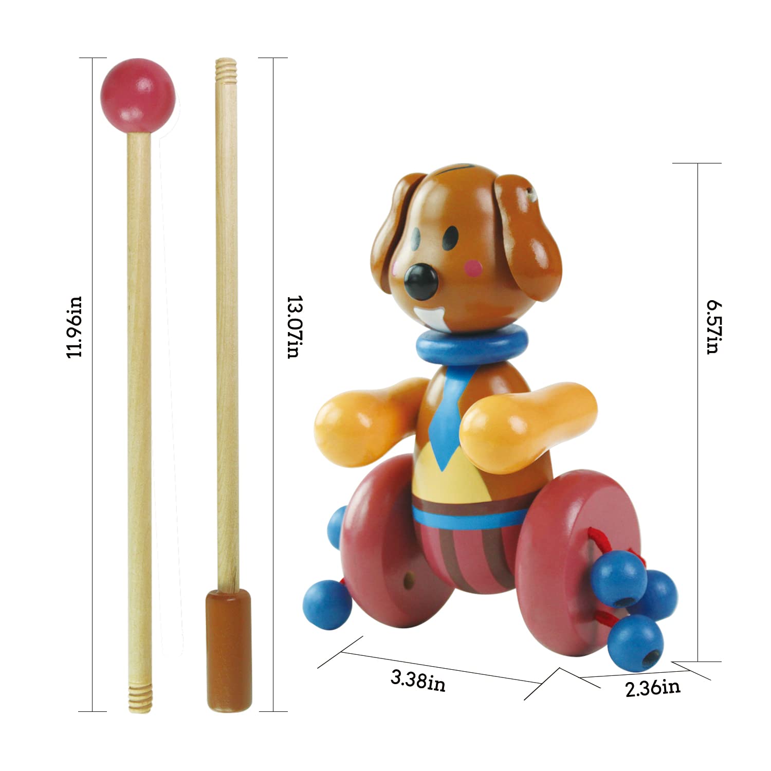 RUYU Loyal Puppy Wooden Push-n-Pull Activity Walking Toy with Colorful Rolling Beads for Toddlers and Babies Girl or Boy, Classic Early Learning Wooden Balance Walking Play Toy