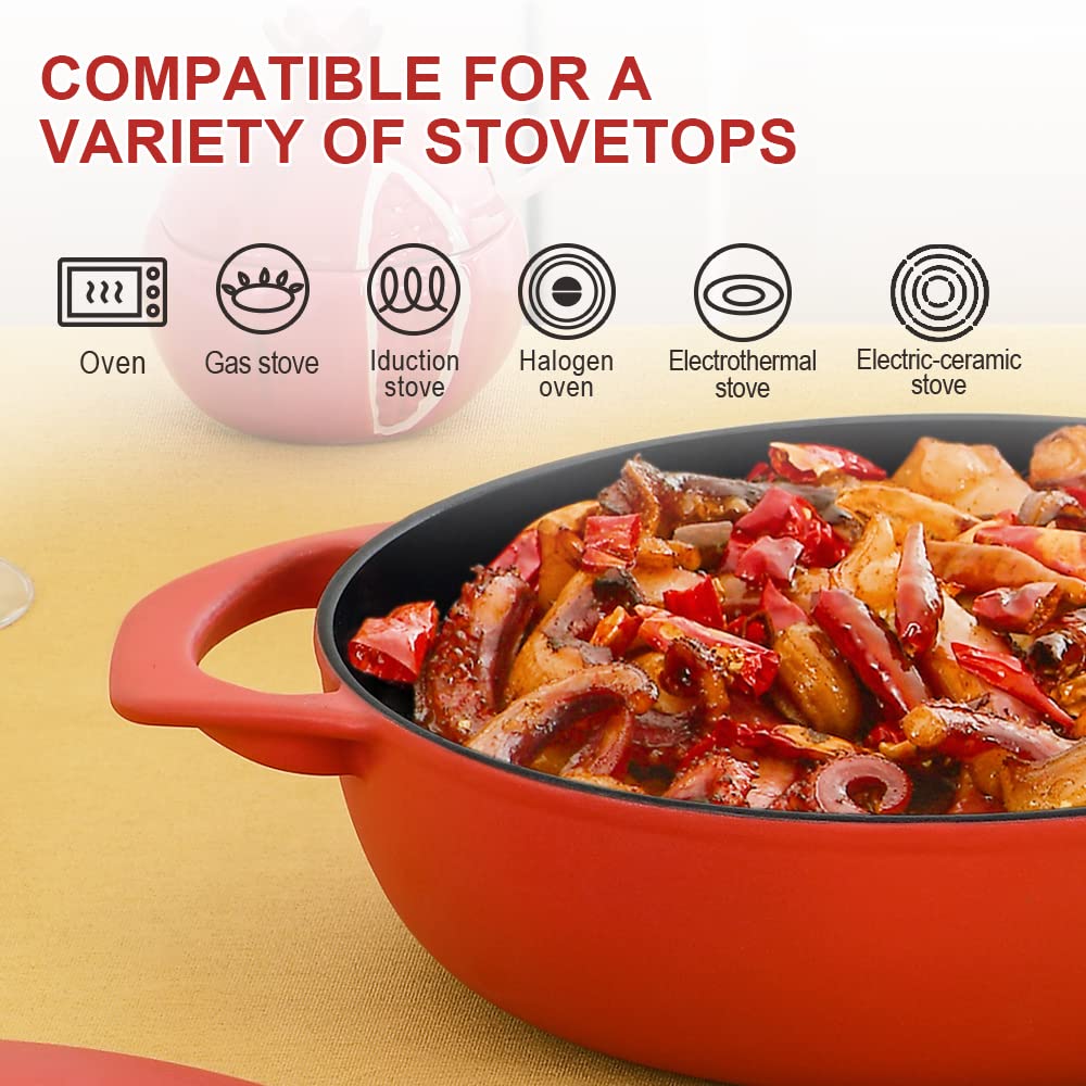 M-COOKER 3.8 Quart Enameled Cast Iron Braiser Pan with Lid,Covered Cast Iron Casserole Dish, Shallow Dutch Oven with Lid, Gift Idea for Family, Oven Safe (Maple leaf red)