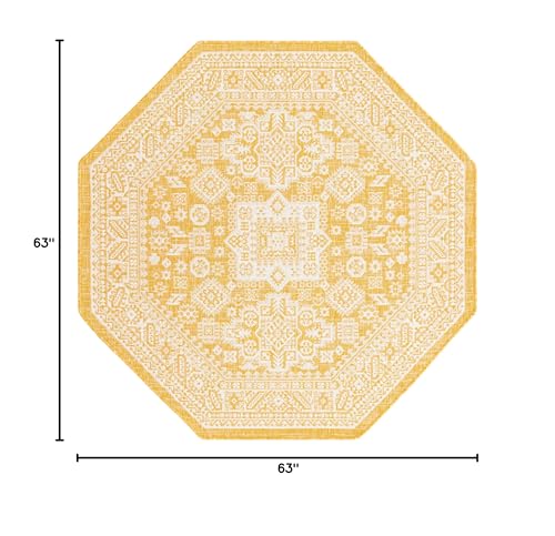 Rugs.com Outdoor Aztec Collection Rug – 5 Ft Octagon Yellow Flatweave Rug Perfect for Living Rooms, Kitchens, Entryways