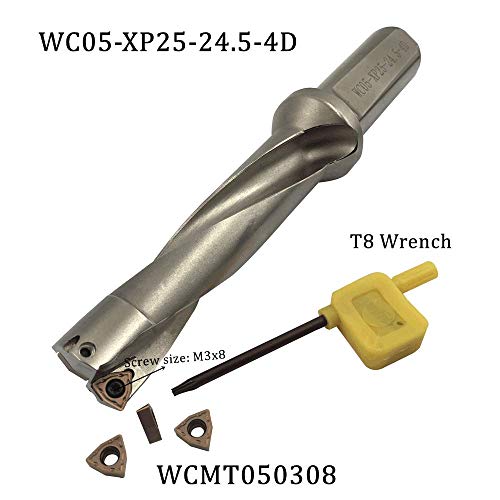 GBJ WC Series Drill Bites Insert Drill Metal Drill Bits Diameter 24.5mm/0.96in Depth 4in 4D Indexable U Drill Machinery Lathes CNC Water Drill with 10pcs WCMT050308FN(Bronze) U Drill Inserts