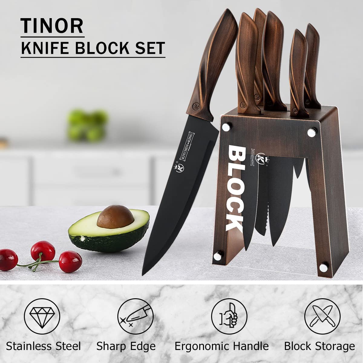 Kitchen Knife Set, Tinor 6-Piece Black Knife Sets for Kitchen with Acrylic Block, High Carbon Stainless Steel Sharp Kitchen Knives Chef Knife Block Set with Japanese Designed Ergonomic Handle