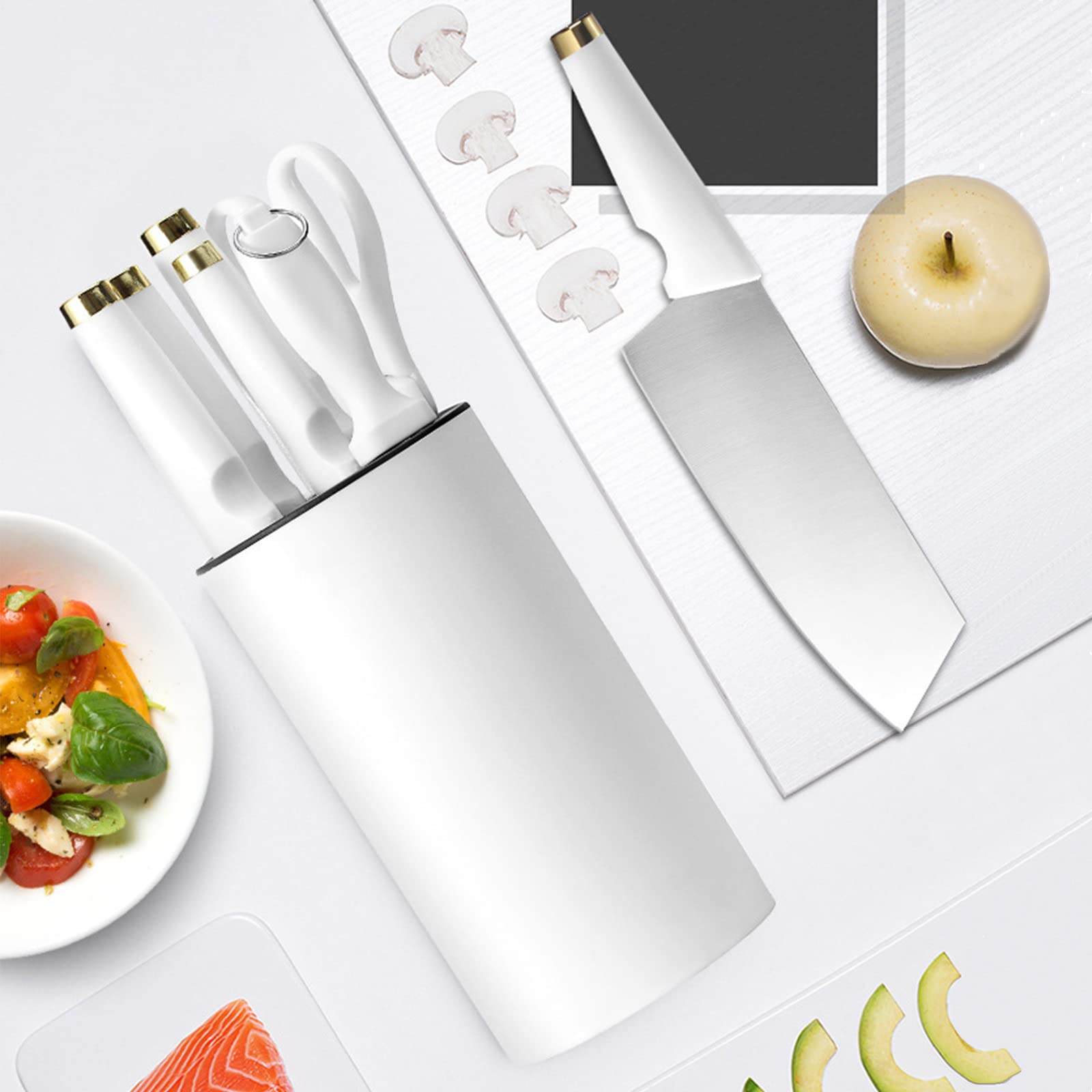 Kitchen Knife Set with Block, Retrosohoo 7-Pieces High Carbon Stainless Steel Chef Knife Sets,White Knife Set with Sharpener Scissors for Cutting Slicing Dicing Chopping (White)