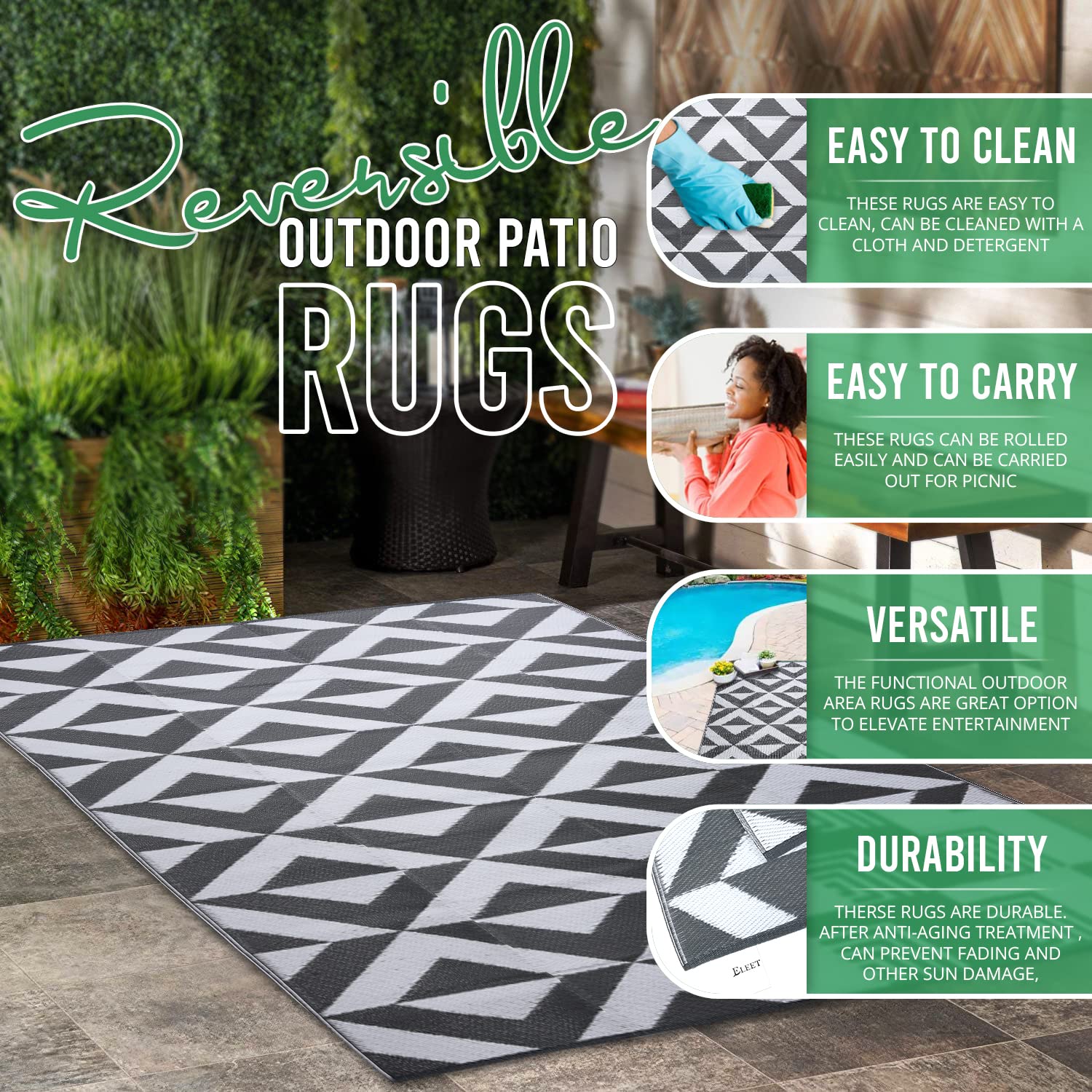 Eleet Reversible Mats, Plastic Straw Rug 3x5 ft - Modern Area Rug - Waterproof Portable Outdoor Rug RV, Patio, Backyard, Deck, Picnic, Beach, Trailer, Camping (3 x 5 ft, Olive Green)