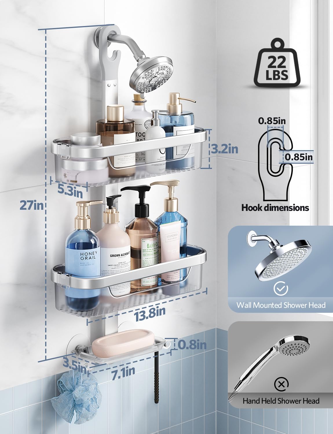 LAMU Adjustable-Shower-Caddy-Hanging, Rust Proof Shower Hanging Organizer, 3-Tier Aluminum Alloy + ABS, Large Capacity Shower Caddy Over-the-Showerhead with Hooks, Razor Holder, Soap Dish, Silver