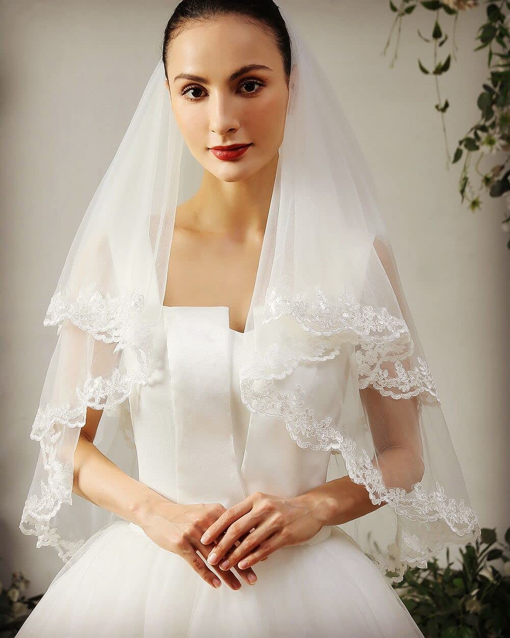 EllieWely 2 Tiers 2 T Short Fingertip Length Sequin Lace Bridal Wedding Veil Ivory