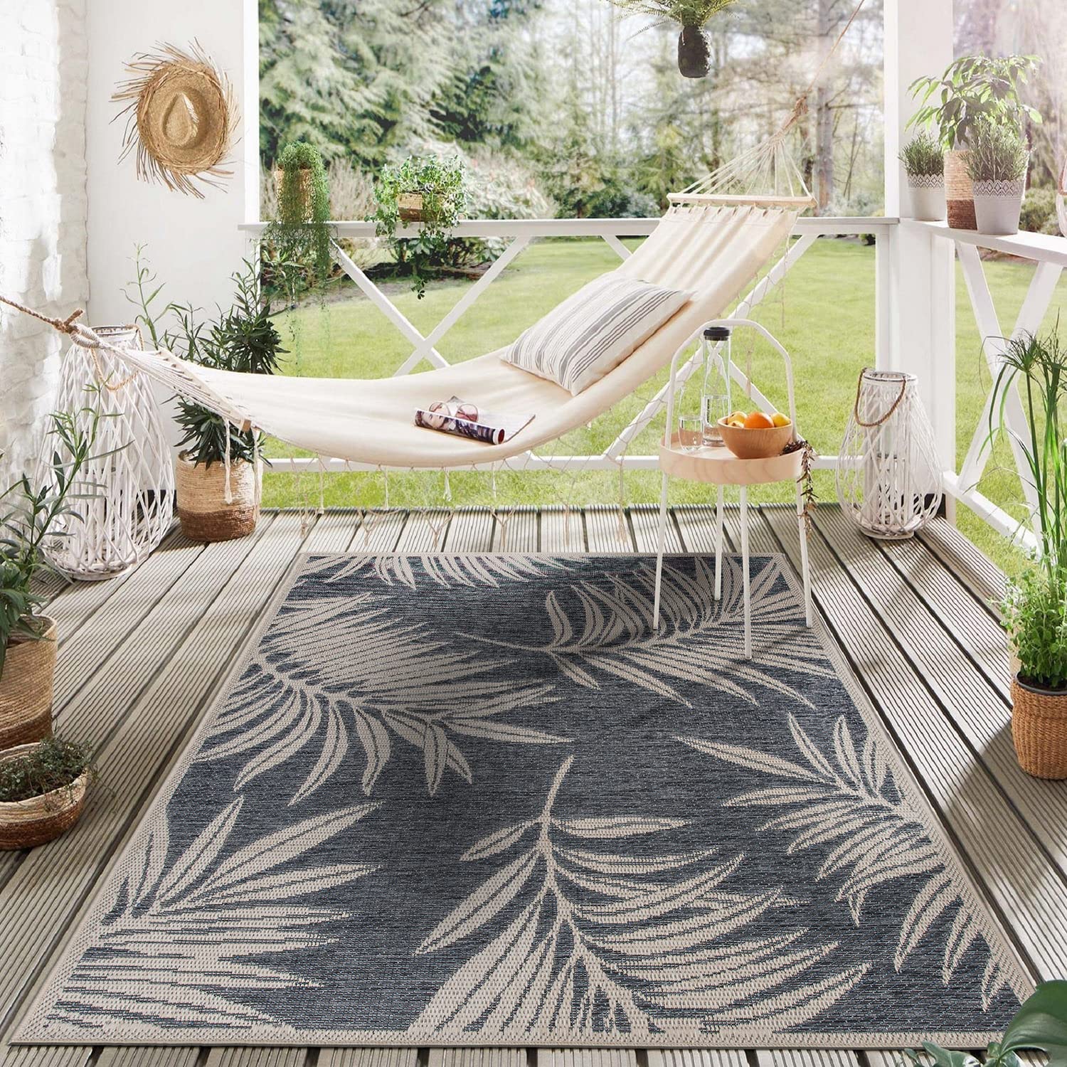 Rugshop Leaf Design for Patio Rugs,Deck Rugs,Balcony Rugs Indoor/Outdoor Area Rug 7'10" x 10' Blue