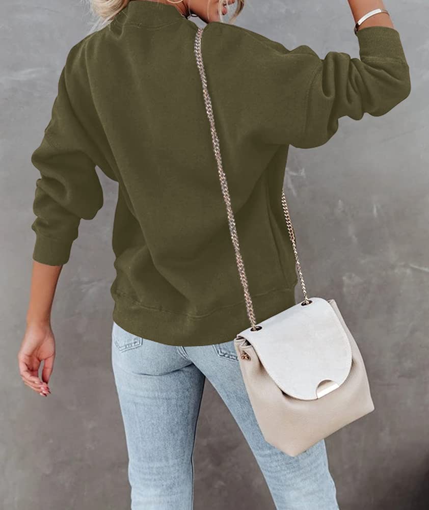 Ezbelle Casual Long Sleeve Crewneck Sweatshirt For Women Lightweight Sweater Pullover Cute Tunic Tops Pockets Army Green Medium