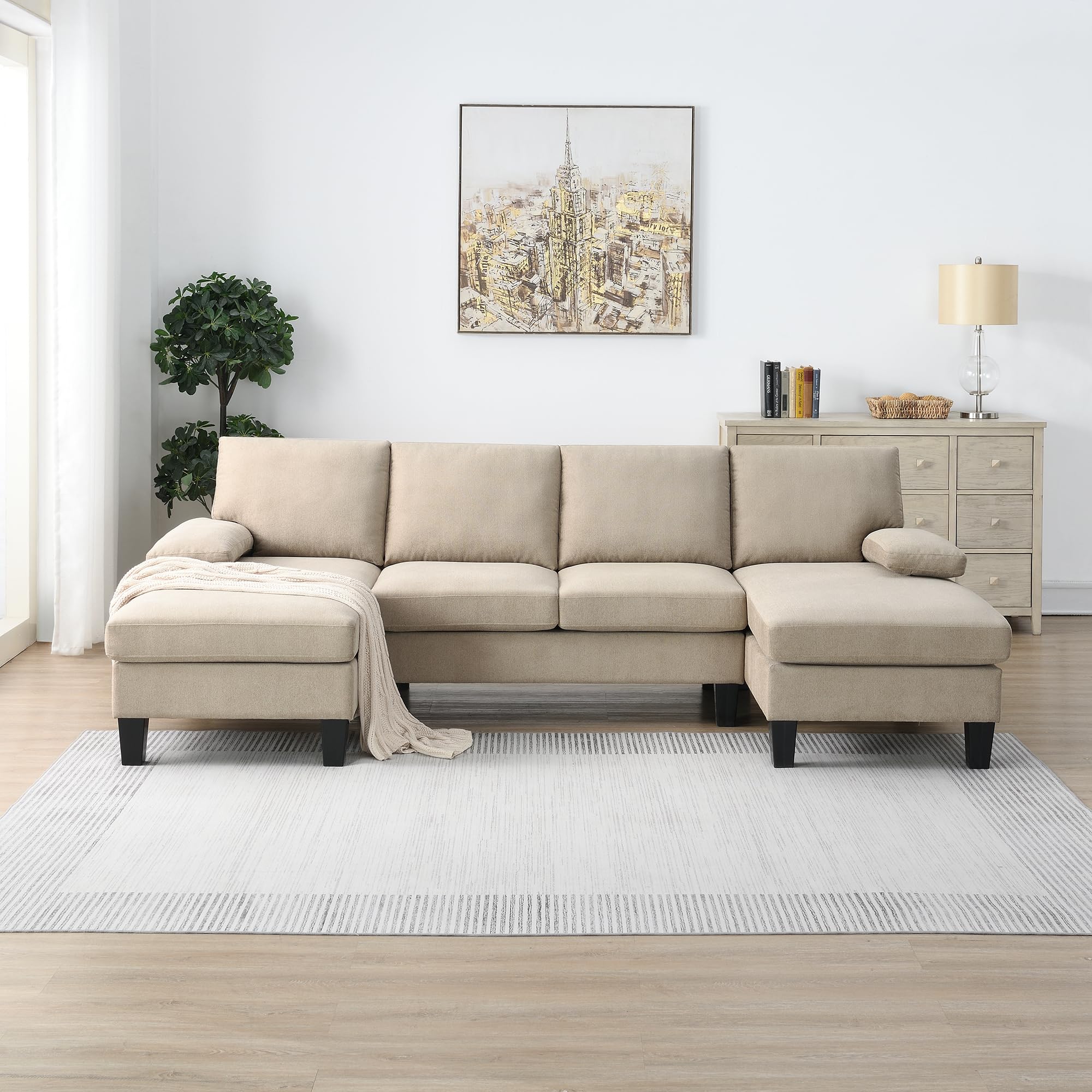 LULUTONG U-Shape Convertible Sectional Sofa Couch 4 Seat Sofa Set for Living Room Modern Chenille Fabric Modular Sofa Sleeper with Double Chaise (Beige)
