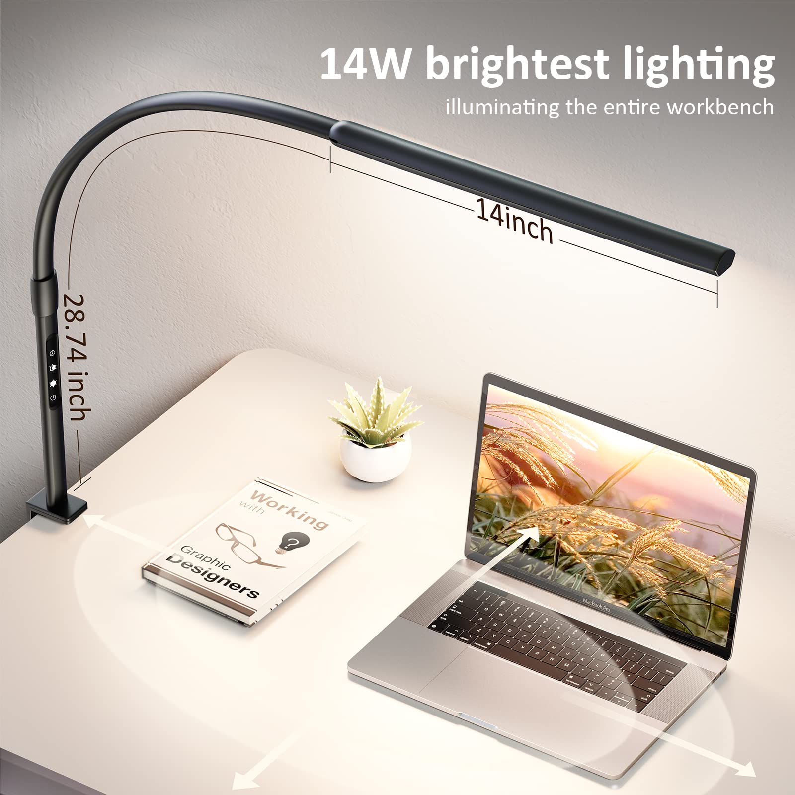 Desk Lamp for Home Office, Flexible Gooseneck Desk Lamps with Clamp, Desk Lamp with USB C and A Ports, 5 Modes 5 Brightness Architect Clip Light for Workbench Office Reading Study