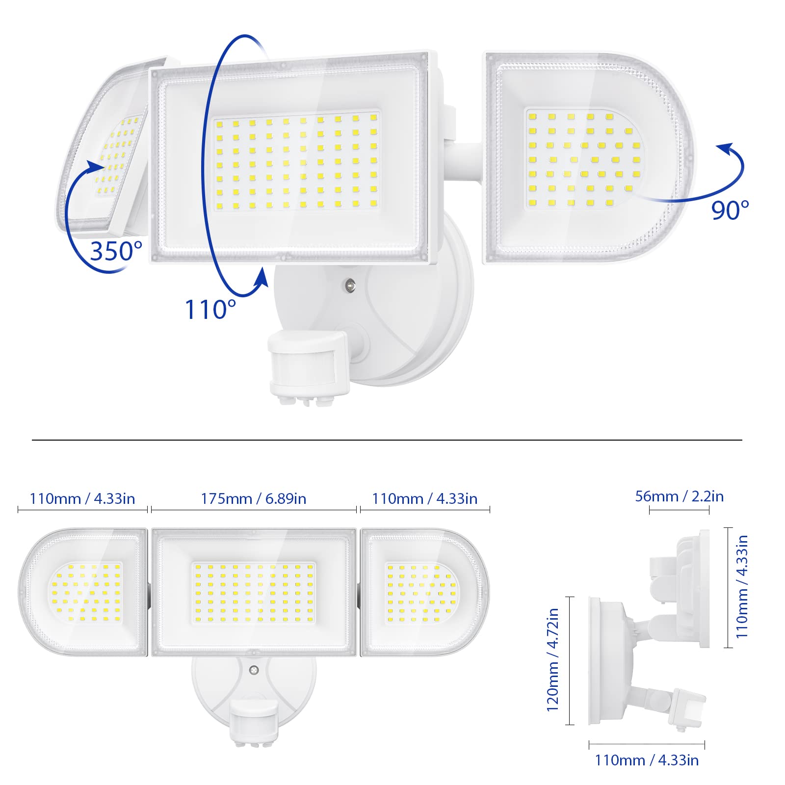 iMaihom 100W Motion Sensor Light Outdoor,9000LM LED Security Lights Outdoor,6500K Flood Lights Motion Detection IP65 Waterproof, 3 Head Adjustable Security Light Motion Outdoor for Yard Garage (White)