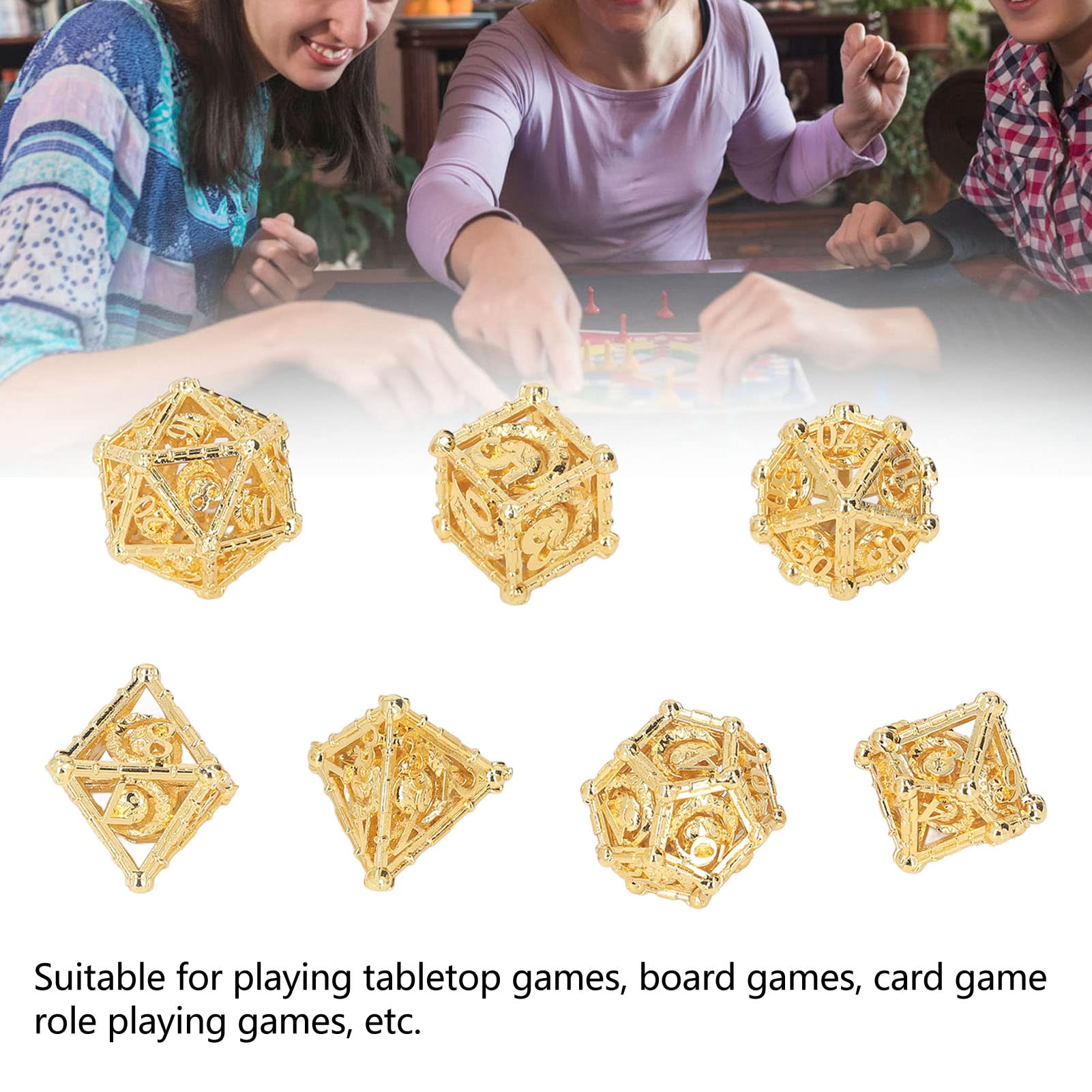 Game Dice Set, 7pcs Copper Different Shapes Hollow Polyhedral Dices for Board Games