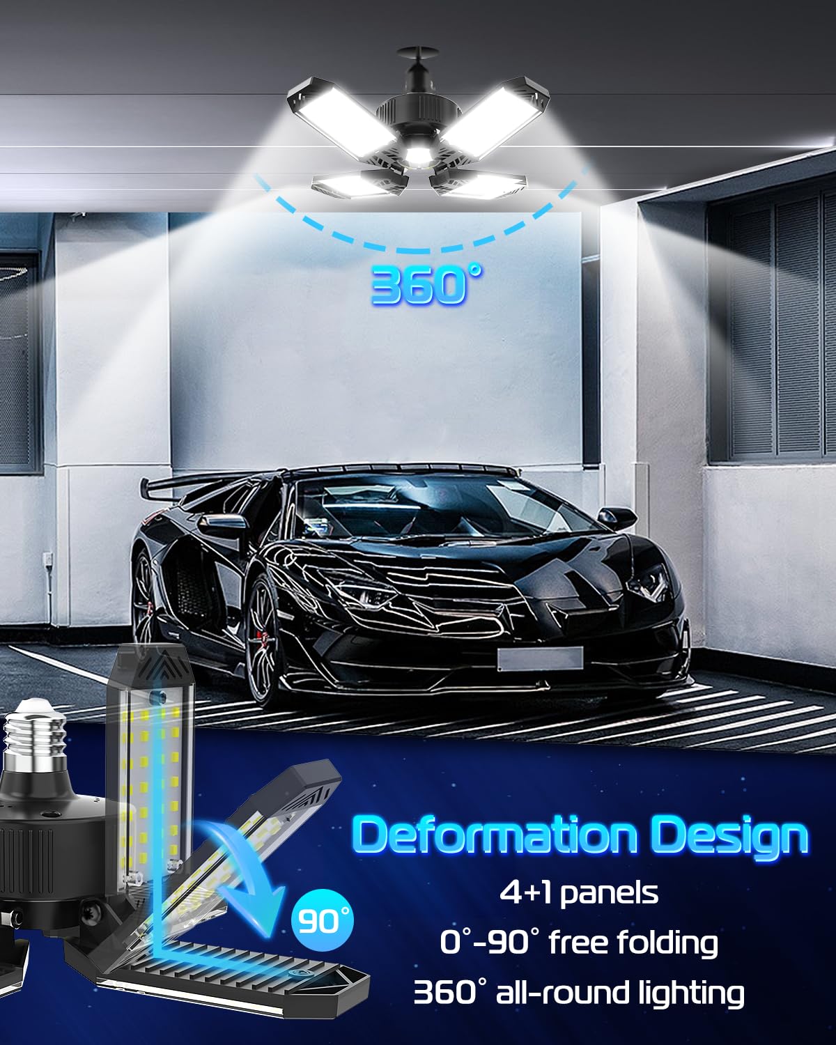 Garage Light - 2PACK 130W 13000LM Deformable 4+1 Panel LED Garage Light with LED Transformer, E26/27 Base, 6500K Daylight White Garage Lights Ceiling LED for Garage, Factory, Warehouse, Storage Room