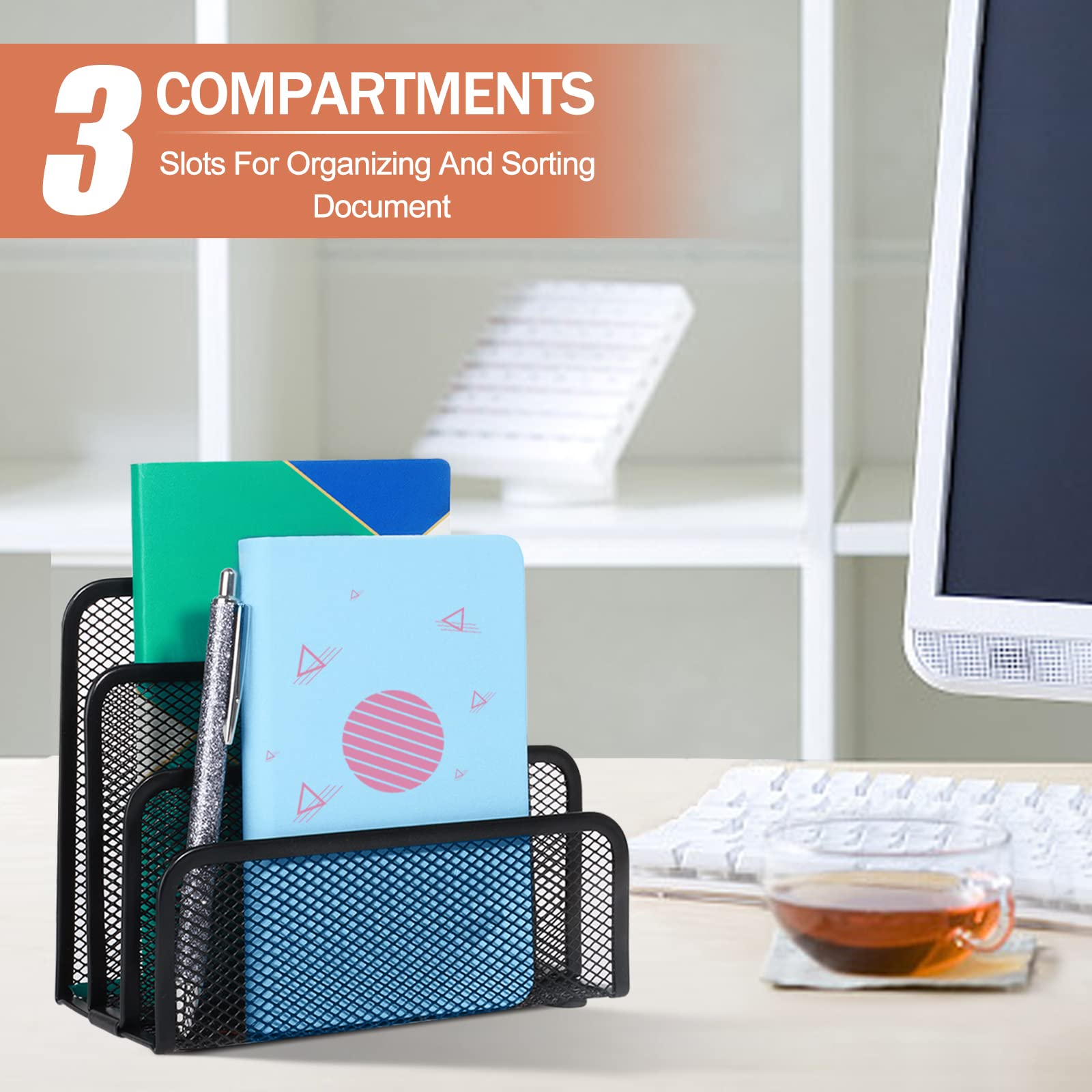 Desk Mail Organizer - 6pcs Small File Organizer Letter Sorter - Bill Organizer Mail Holder Countertop for Home Office - Vertical Metal Mesh Desk Organizer with 3 Upright Compartments