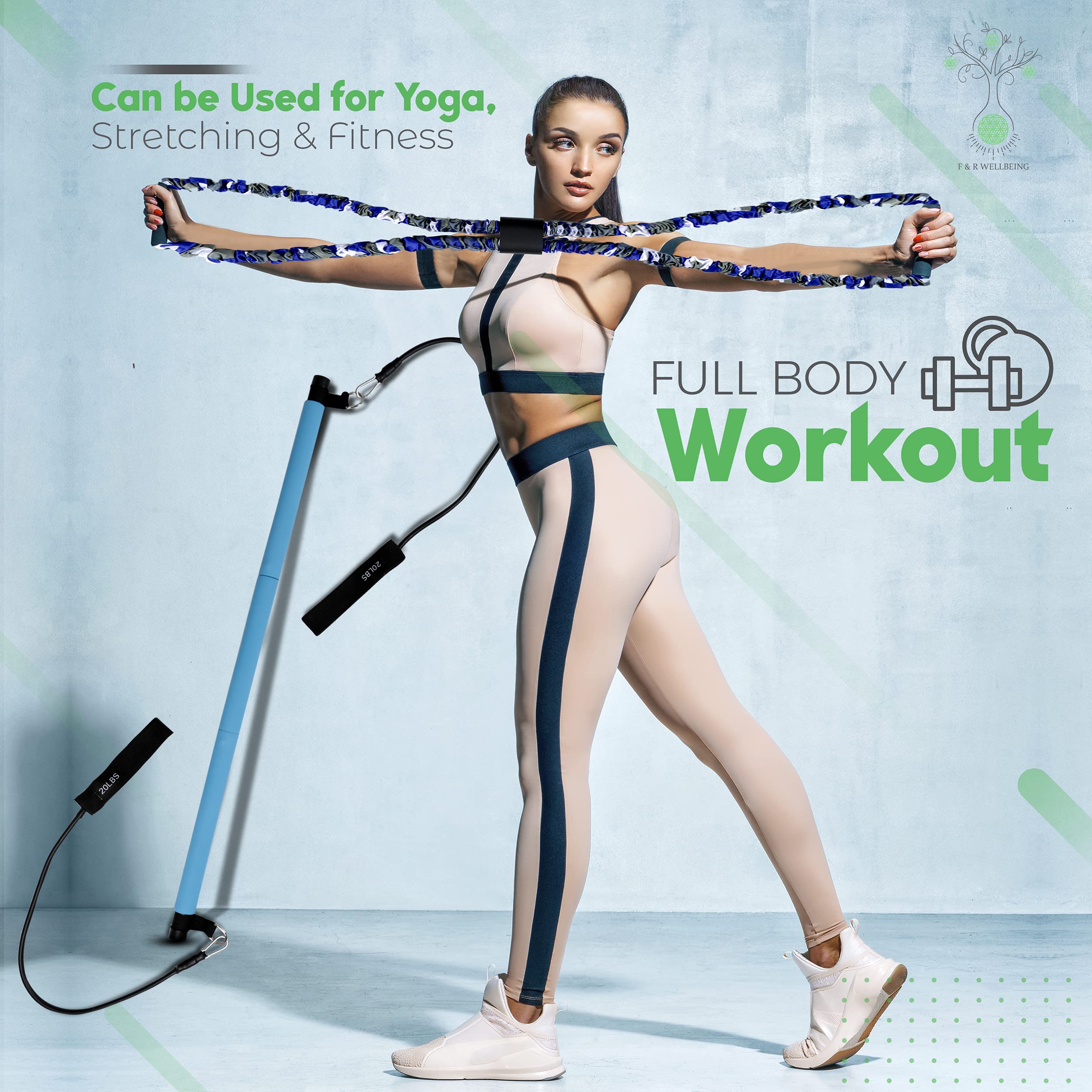 F & R Wellbeing Pilates Bar Kit Home Gym Equipment – 3 Sections Portable Bar with Workout Bars Resistance – Body Sculpting Stretch Bands for Exercise – Ideal Exercise Bar for Home, Travel, Office