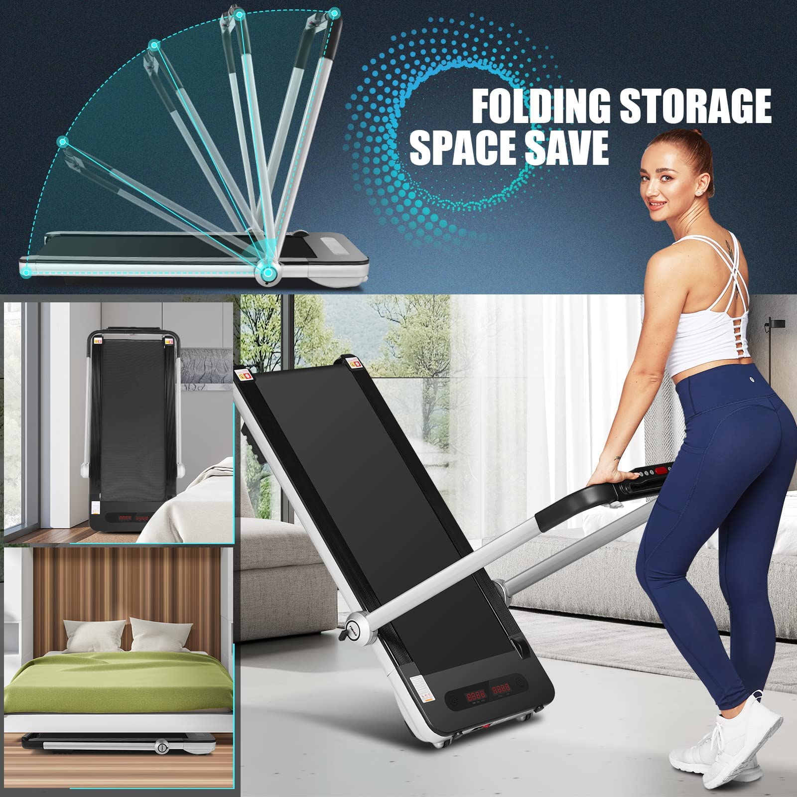 FUNMILY 2 in 1 Under Desk Treadmill, Folding Electric Treadmill with Remote Control,12 Preset Programs, and LED Display Compact Treadmill Walking Pad Running Machine for Home Office Small Space Black