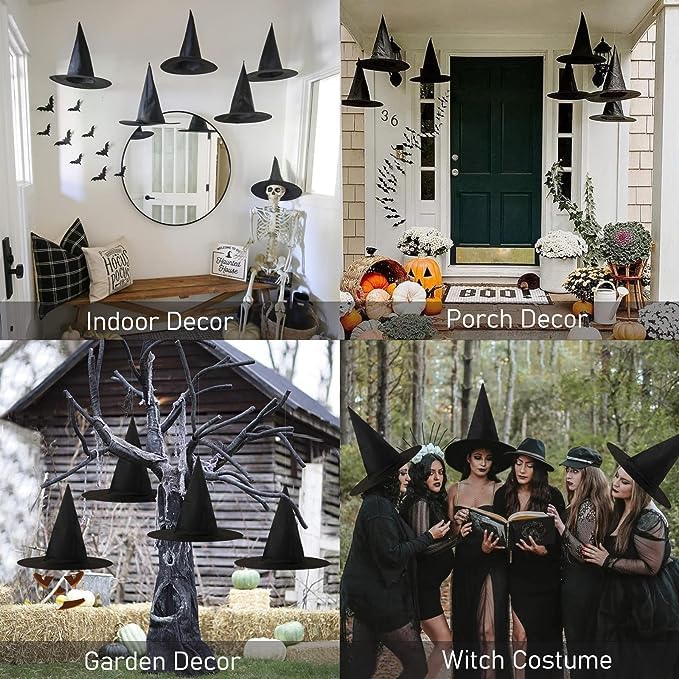 LANLV Halloween Costume Witch Hat Set - 10 Pieces Black Witches Hats with 100 Yards Hanging Rope for Party Yard Decoration