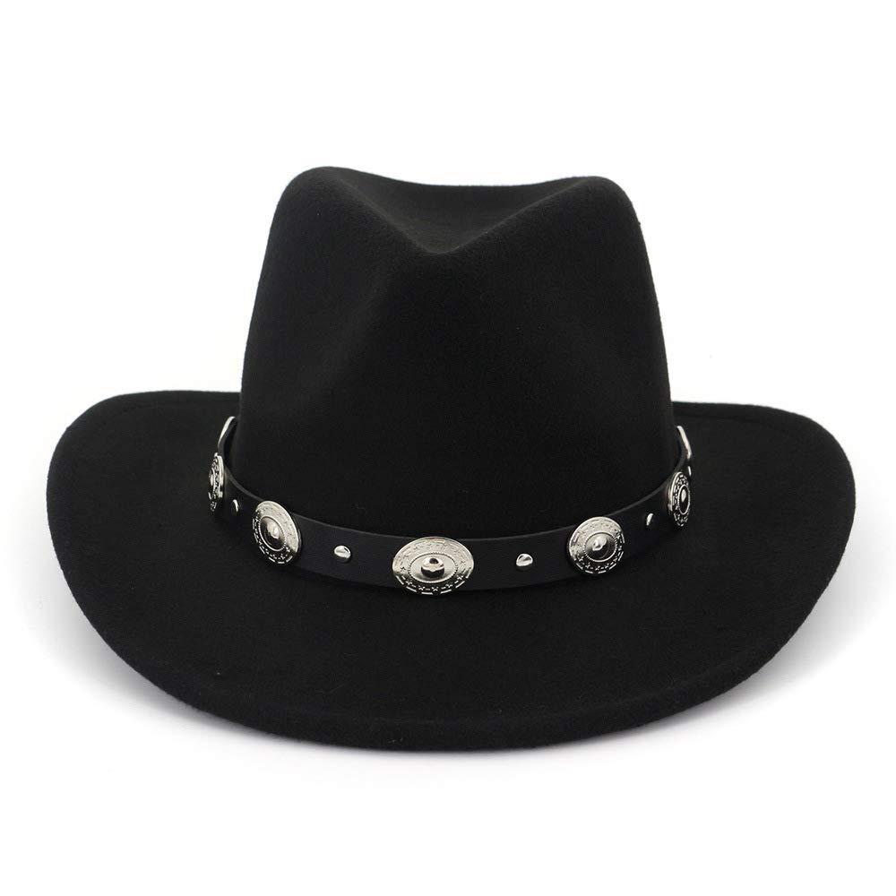 Eohak Womens Western Cowboy Hats Studded Pinched Western Cowgirl Hats Wide Brim Fedoras Hat with Belt Buckle (Size: M-L) (US, Alpha, Medium, Black)