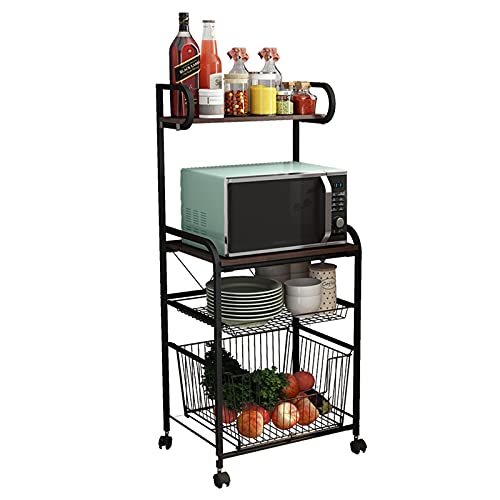 Gdrasuya10 Kitchen Baker's Rack Microwave Stand Cart on Wheels 4 Tier Shelves with Large Metal Baskets Utility Storage Shelf Rolling Cart Fruit Vegetable Kitchen Organizer Rack