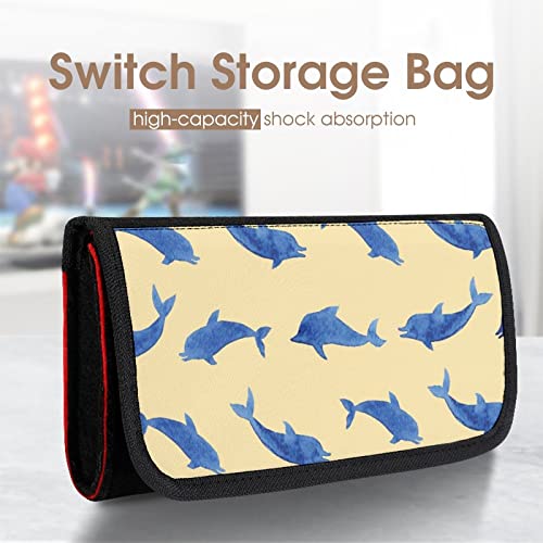 Dolphins Pattern Carrying Bag Compatible with Switch Protective Case Slim Felt Pouch with 5 Game Cartridges Holders